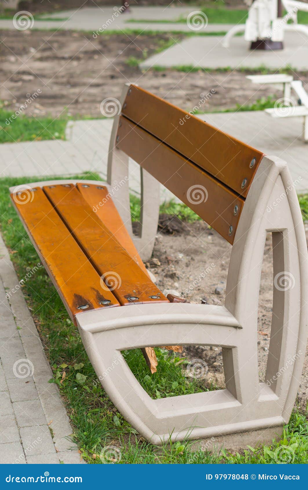 Damaged wooden park bench stock photo. Image of growth - 97978048