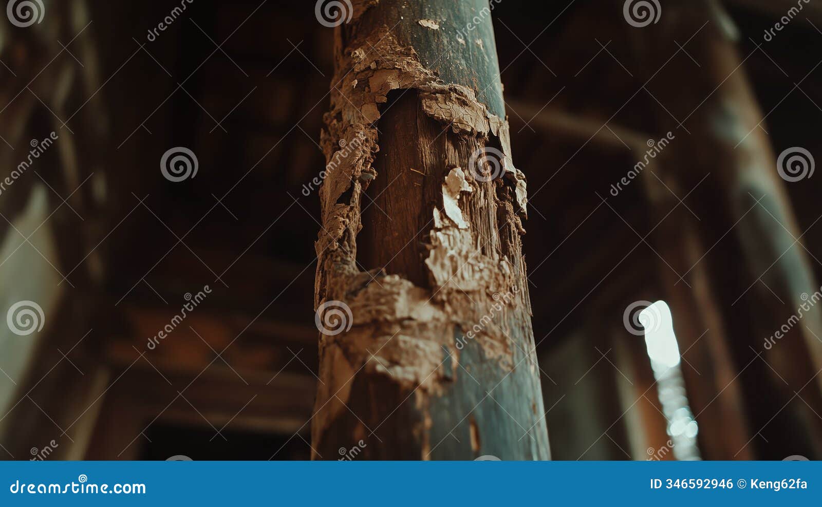 Damaged Wooden Pillar Showing Termite Damage In Old Structure Stock ...