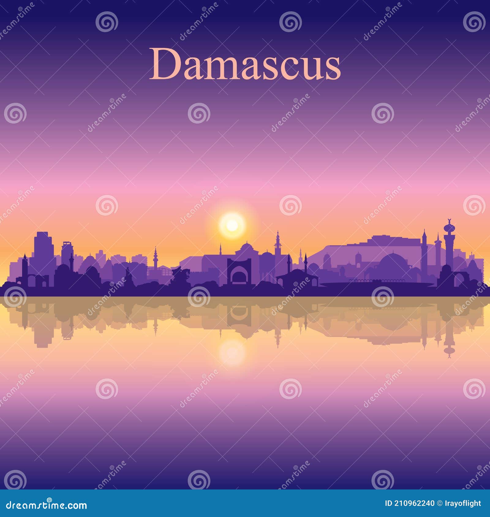Damascus City Silhouette on Sunset Background Stock Vector ...