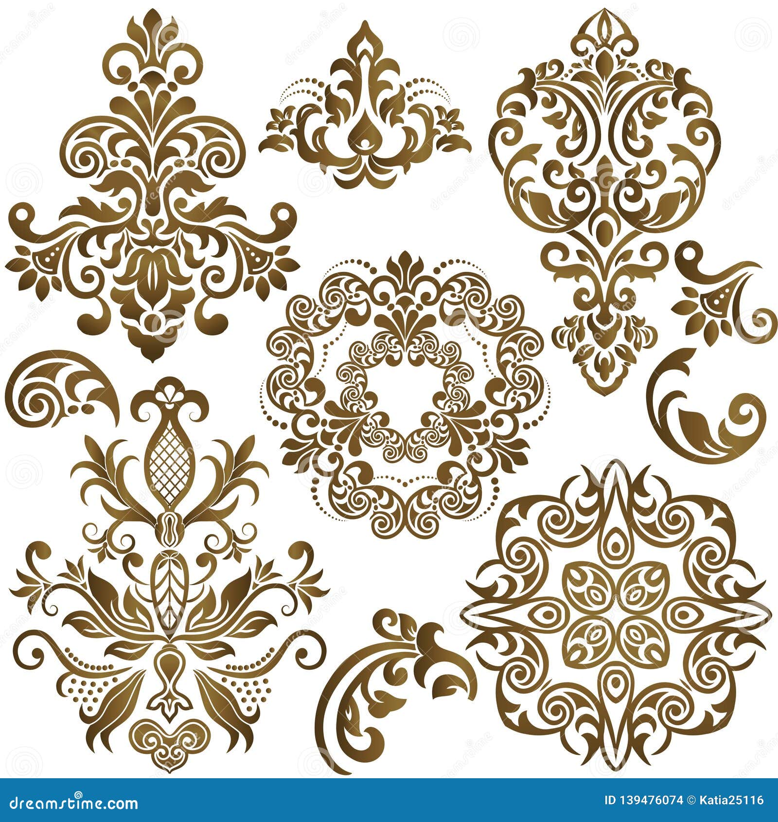 Set of Ornamental Vector Damask Illustrations. Vintage Floral Design ...