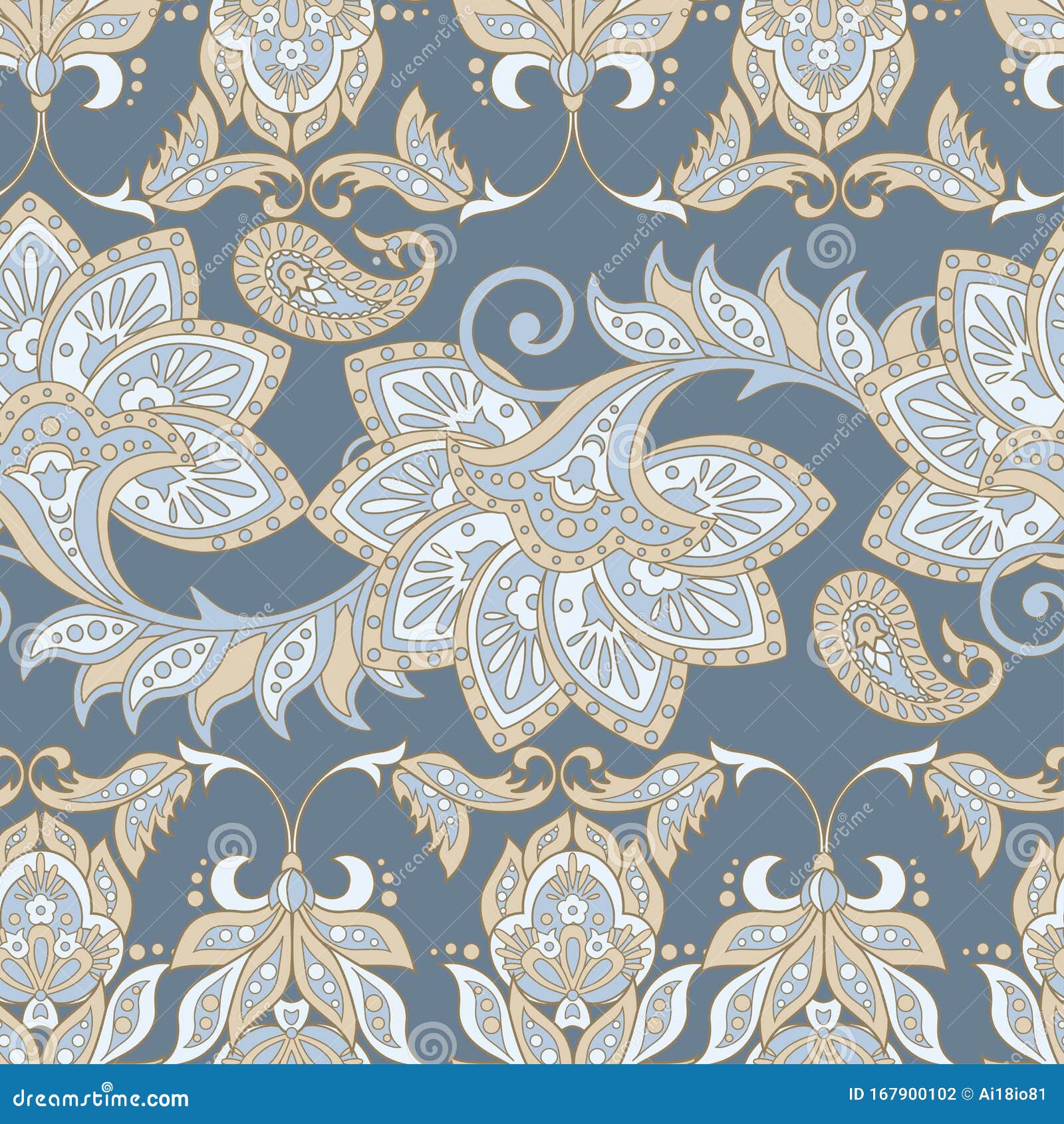 Damask Seamless Pattern with Flowers in Indian Style. Floral Vector ...