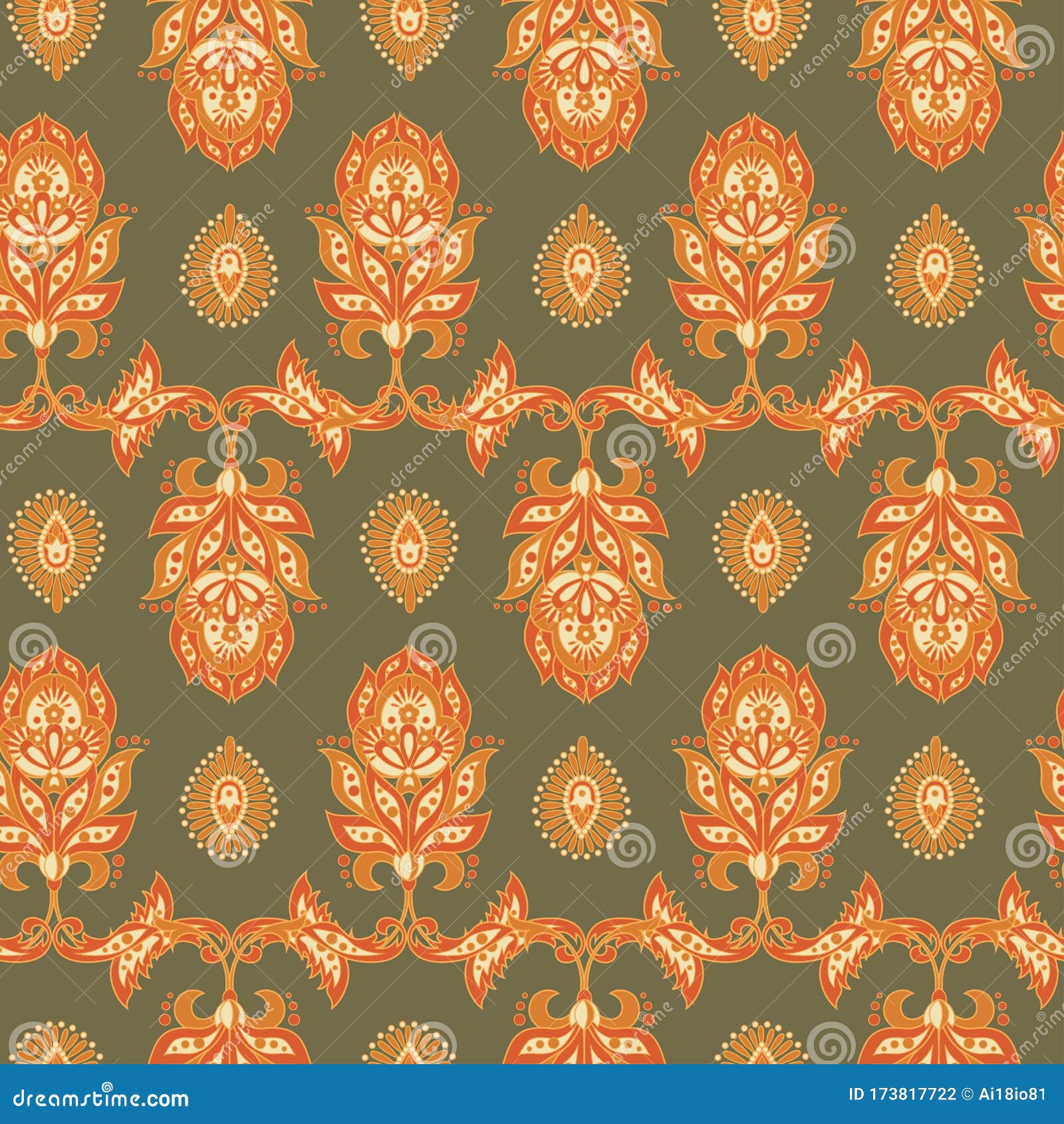 Damask Seamless Pattern with Flowers in Indian Style. Floral Vector ...