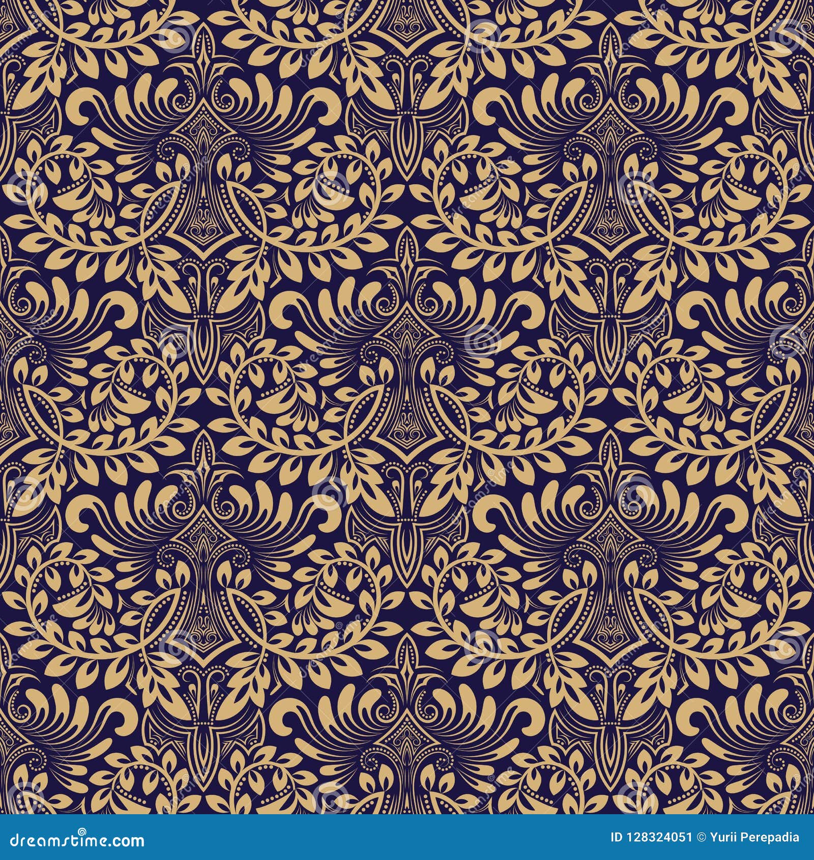 Damask Seamless Pattern Repeating Background. Blue Beige Floral ...
