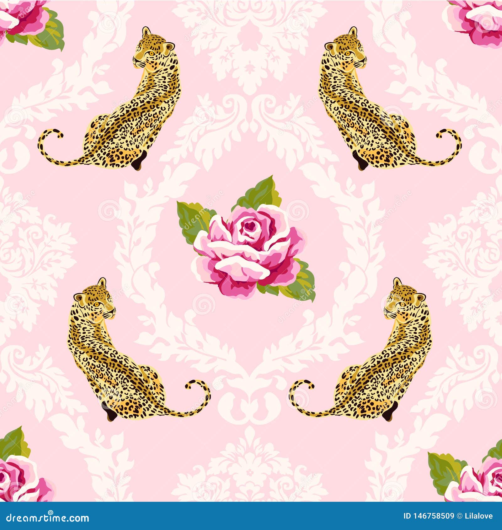 Damask Seamless Pattern with Roses and Wild Leopard Stock Vector ...