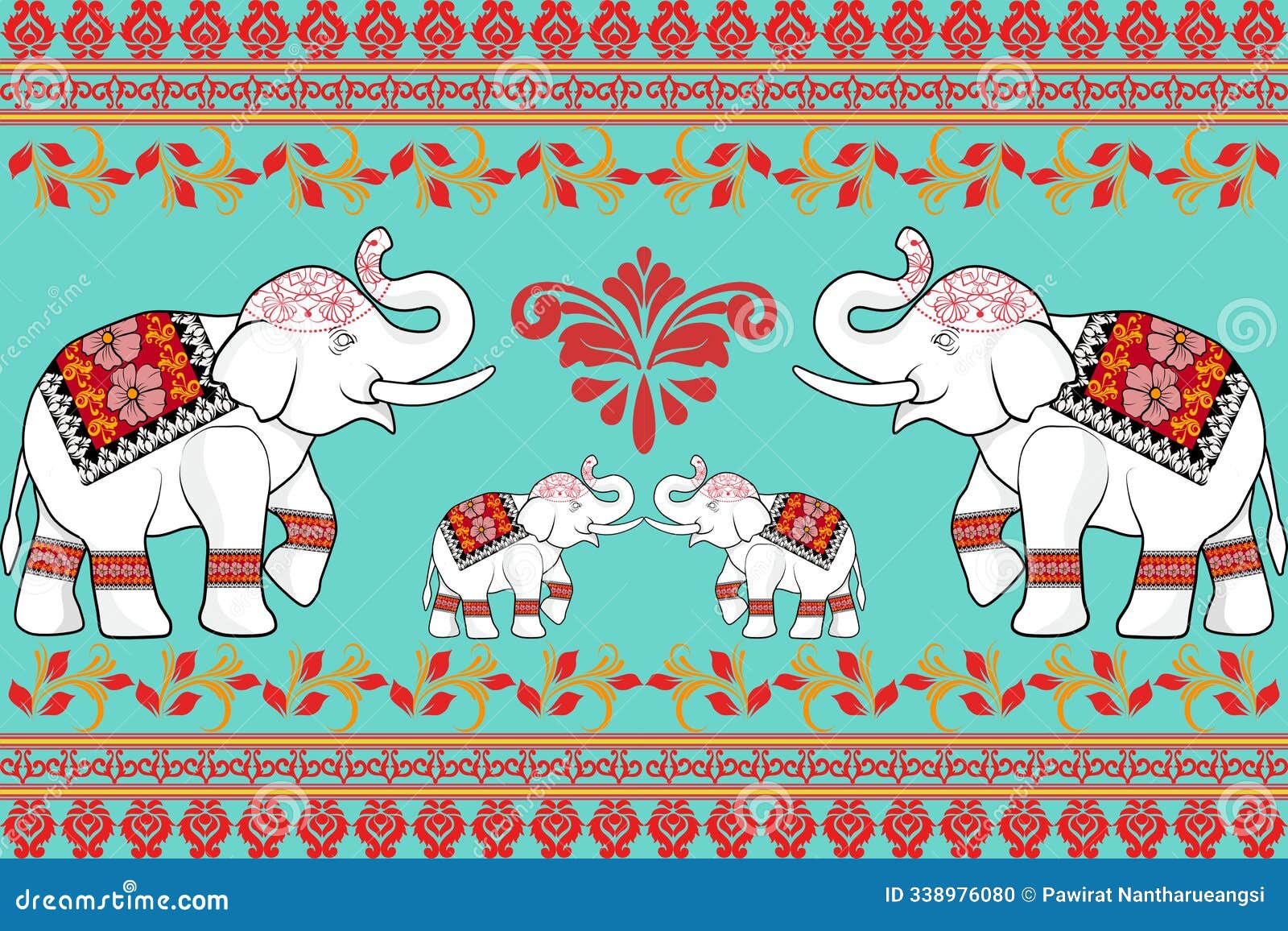 Damask Thai Elephant Vector Illustration with Pattern and Floral for ...