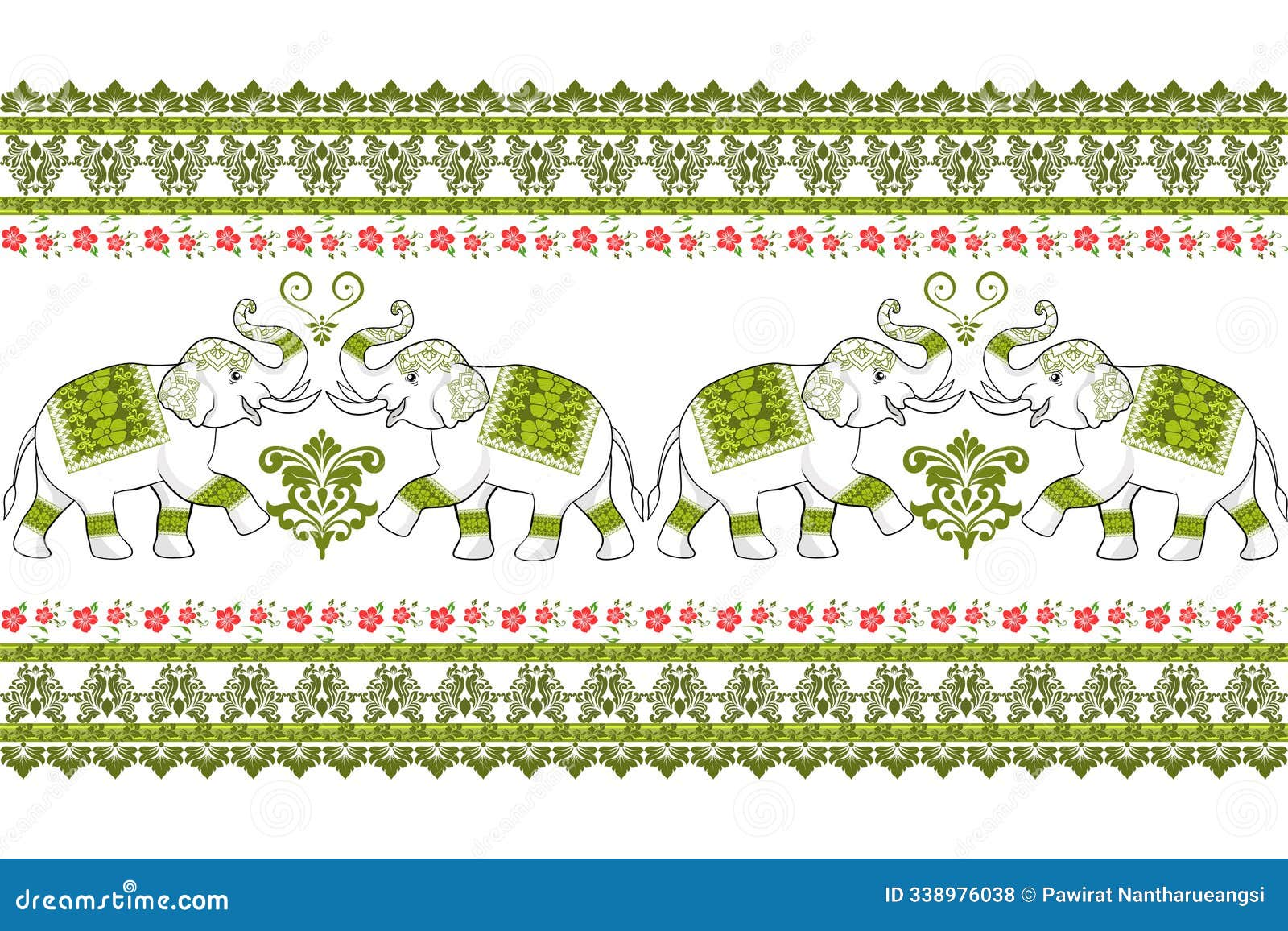 Damask Thai Elephant Vector Illustration with Pattern and Floral for ...