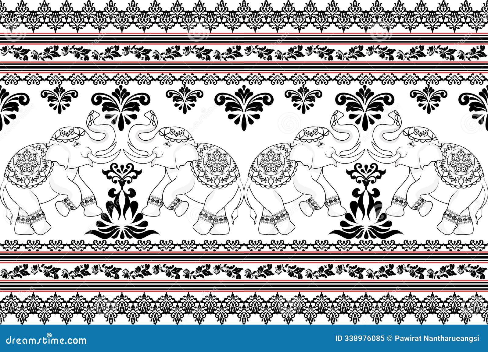 Damask Thai Elephant Vector Illustration with Pattern and Floral for ...