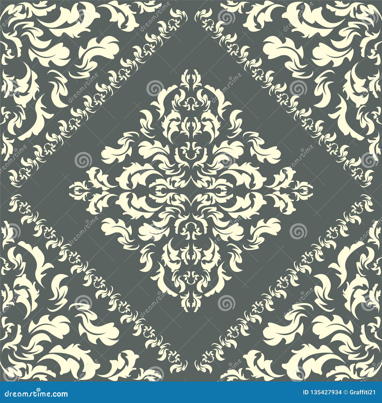 Damask Vintage Seamless Pattern on Gray Gradient Background Stock ...