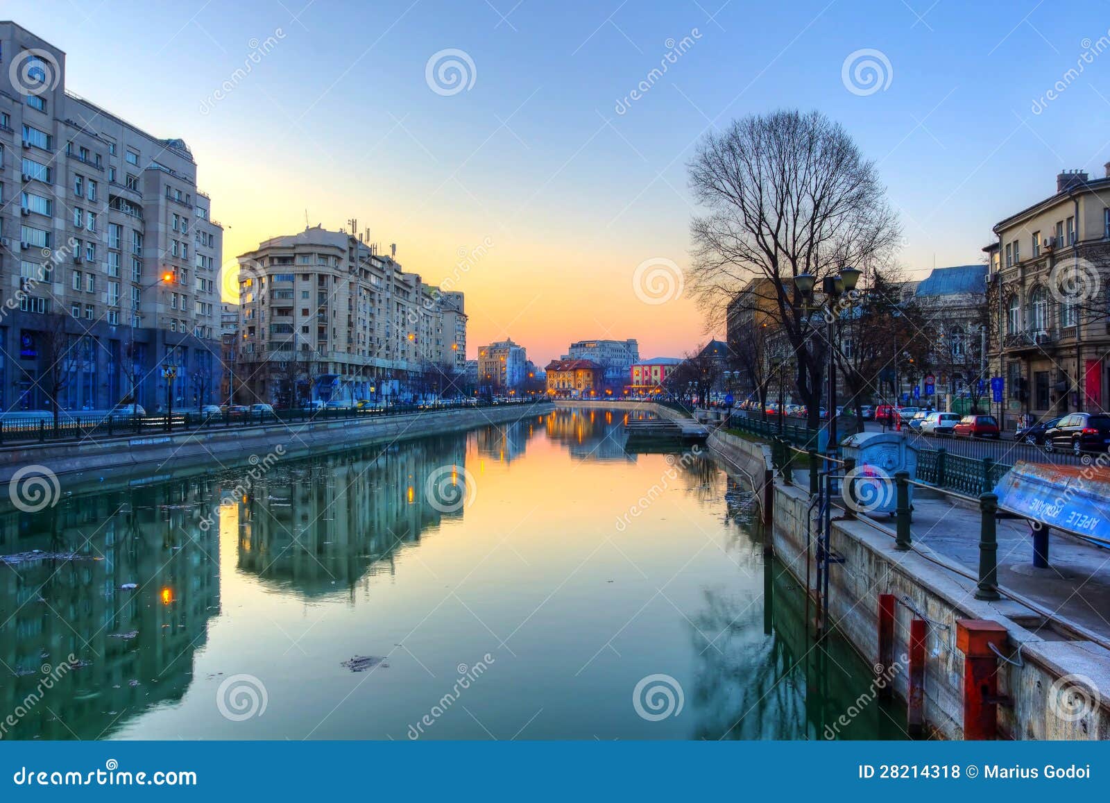 Dambovita River in Bucharest Downtown at Dusk - HDR Editorial Stock ...
