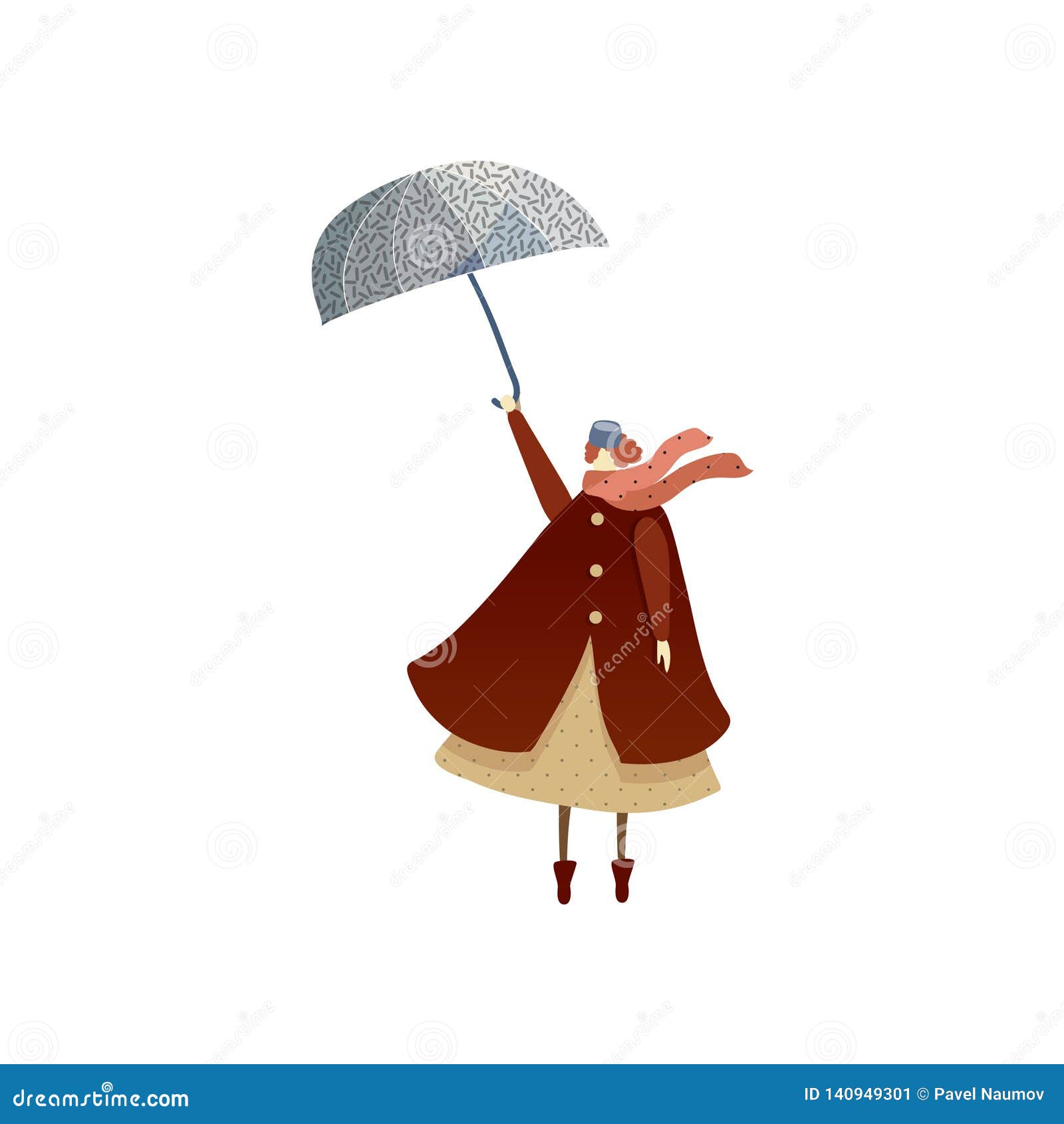 Dame, Die Mit Regenschirm Fliegt Frau Im Regenmantel, Im Hut Und Im ... Dame, Die Mit Regenschirm Fliegt Frau Im Regenmantel, Im Hut Und Im ...