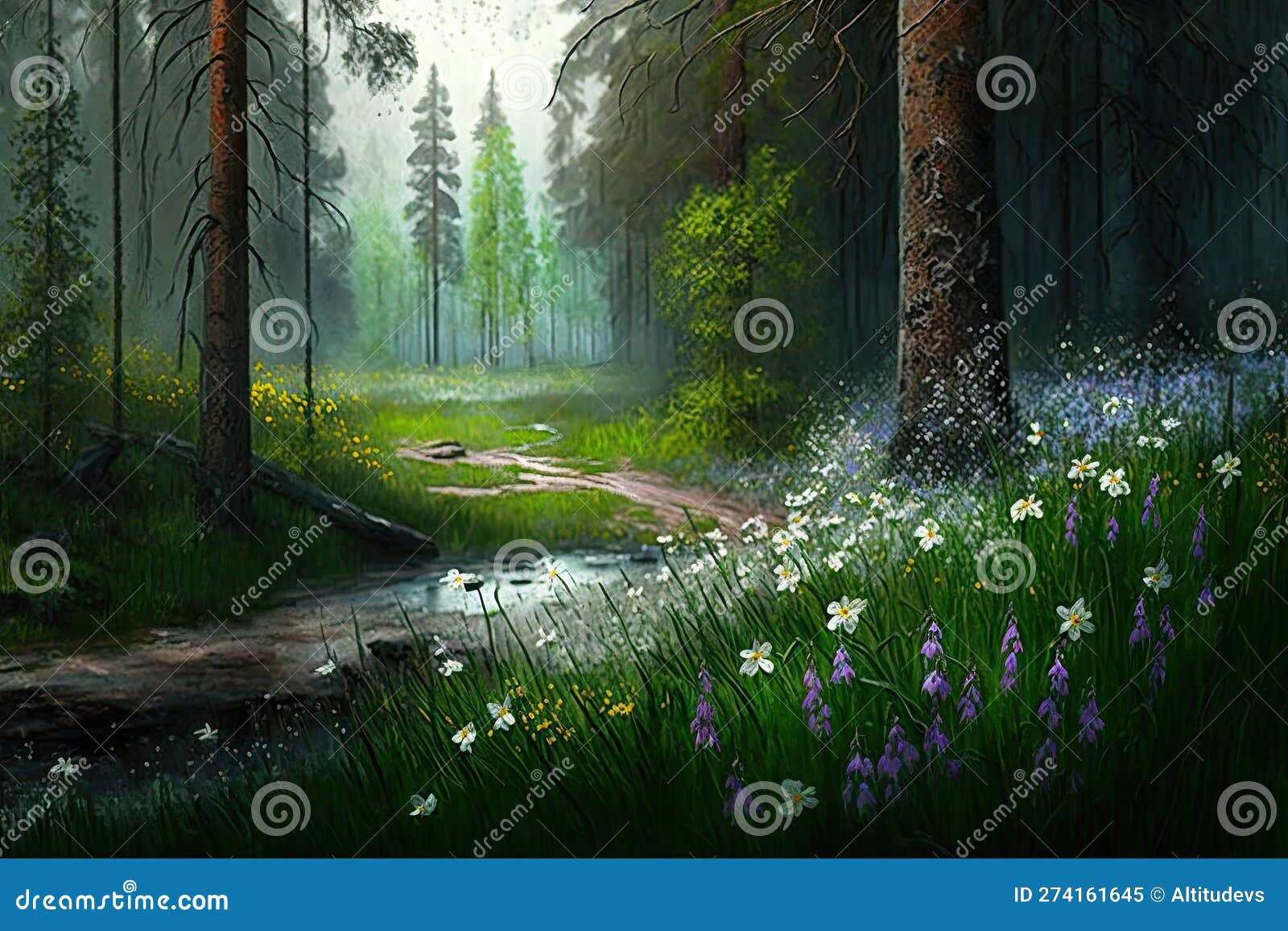 Damp Grass and Flower Meadow in Forest on Spring Day Stock Image ...