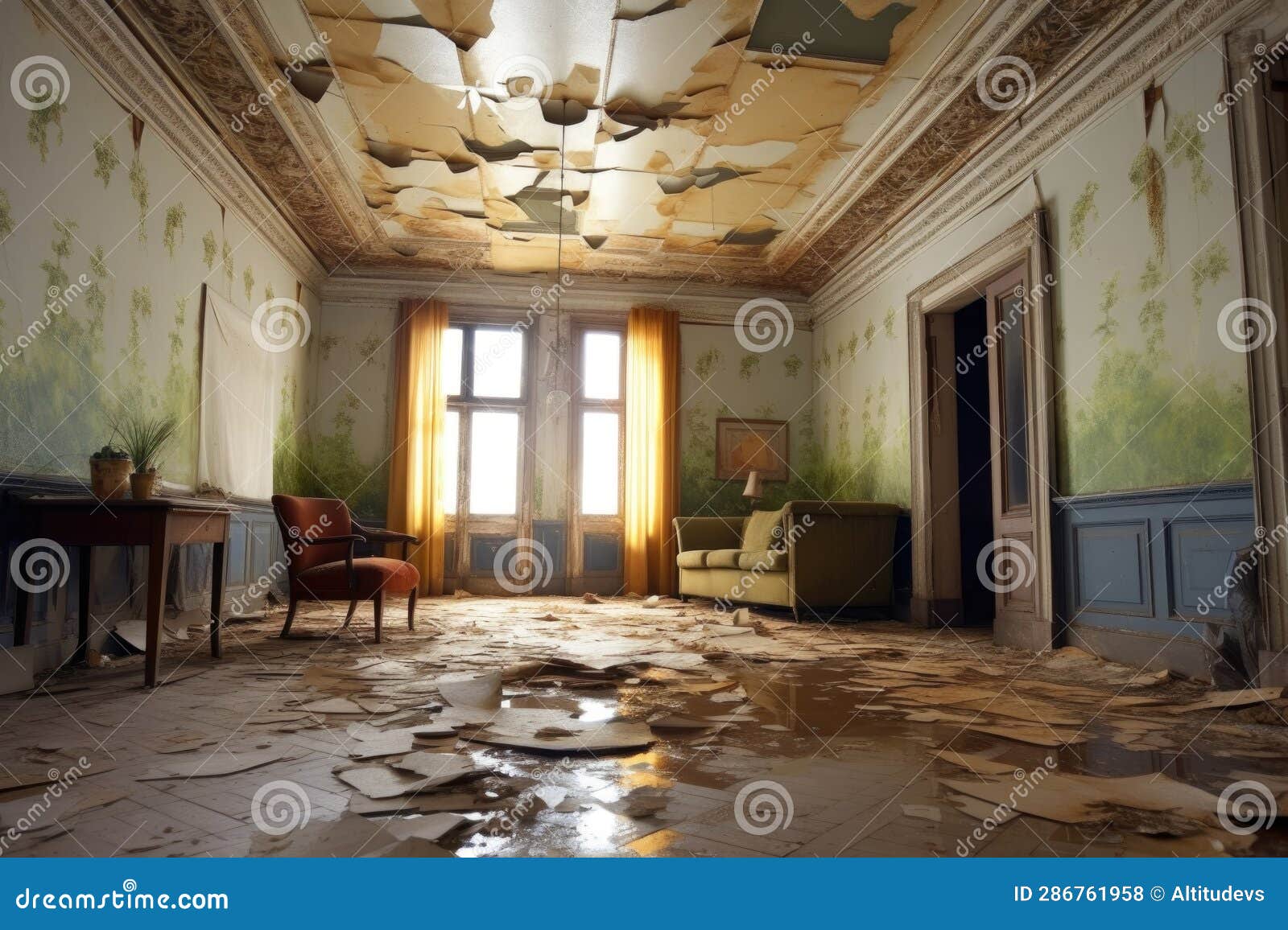 Damp Patches on Ceiling with a Puddle on the Floor Stock Photo - Image ...