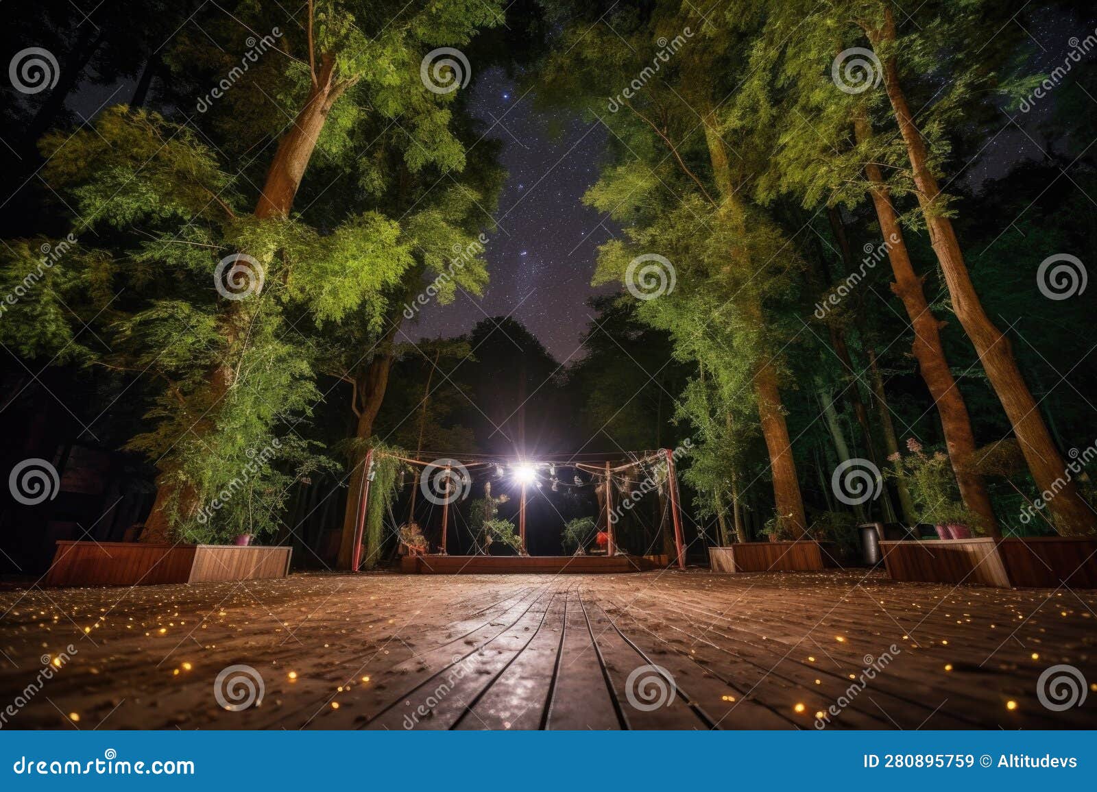 Dance Floor Surrounded by Towering Trees, with the Moon Shining Above ...