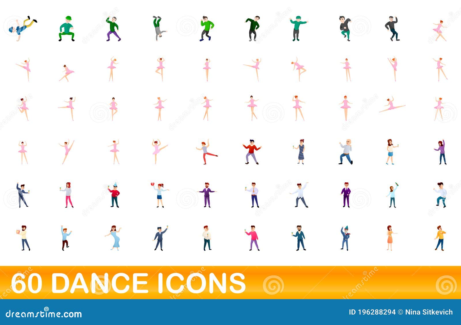 60 Dance Icons Set, Cartoon Style Stock Vector - Illustration of ballet ...