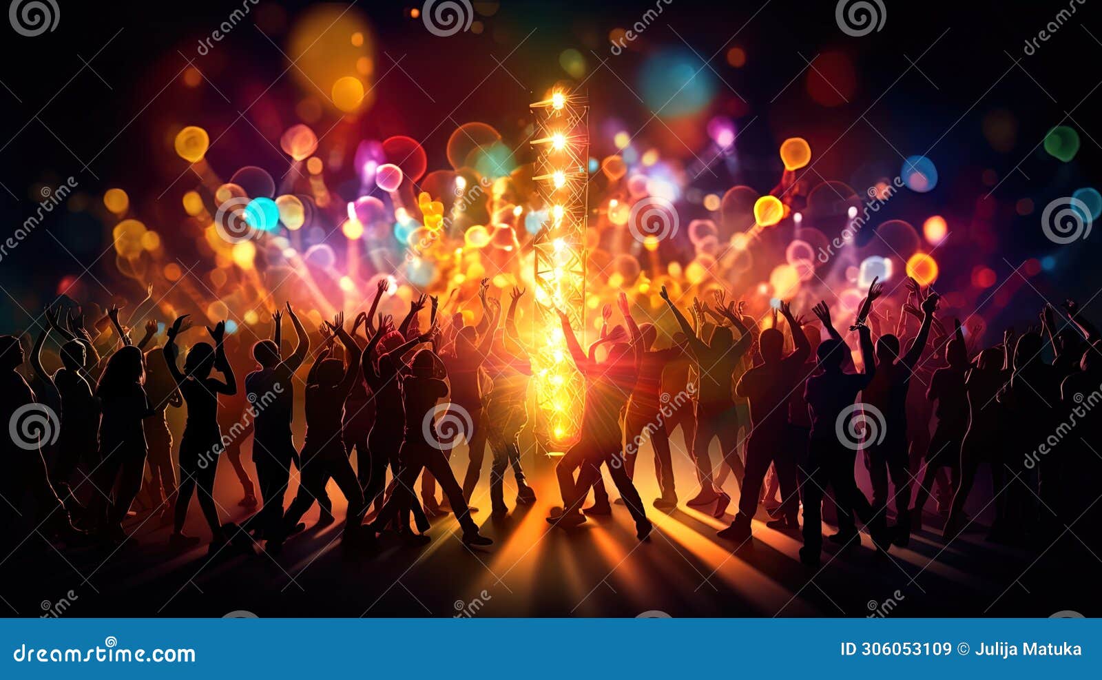 Dance Party: a Banner with Bright Bulbs and a Dancing Crowd Stock ...
