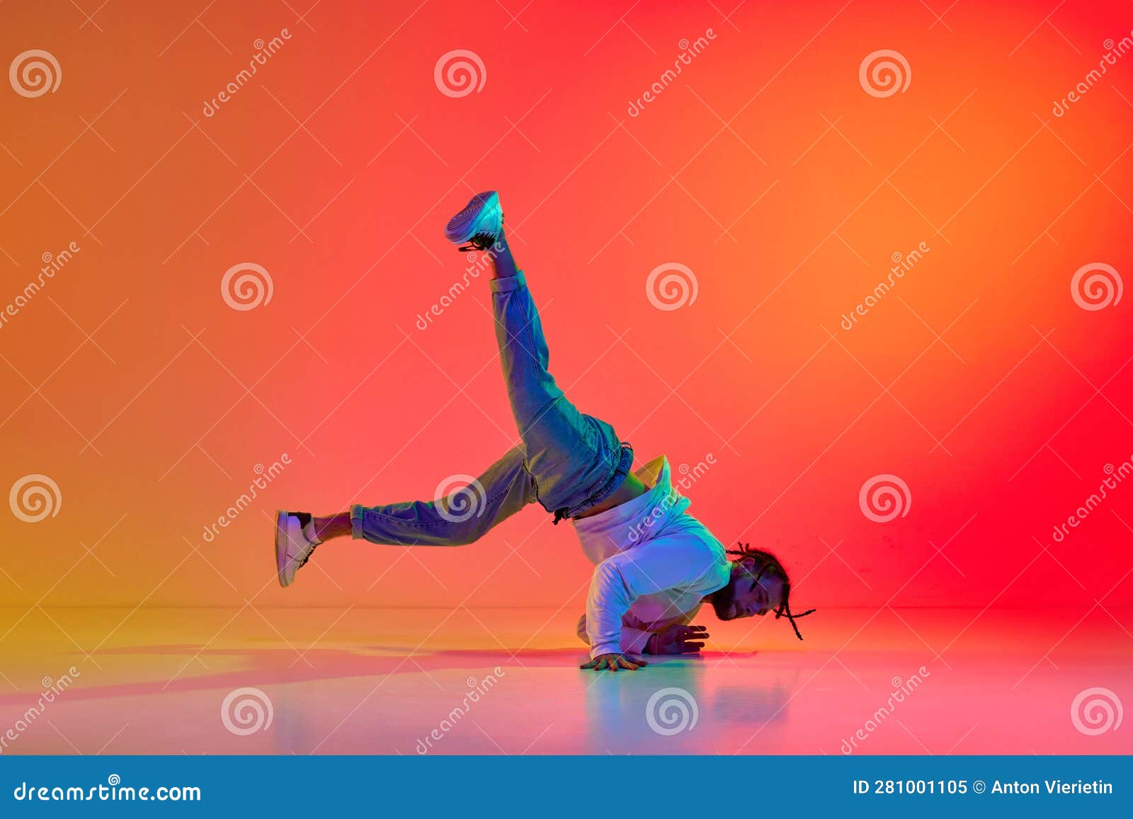 Dance Show. Dynamic Image of Young Guy Dancing Breakdance Against Gradient Orange Yellow Studio ...