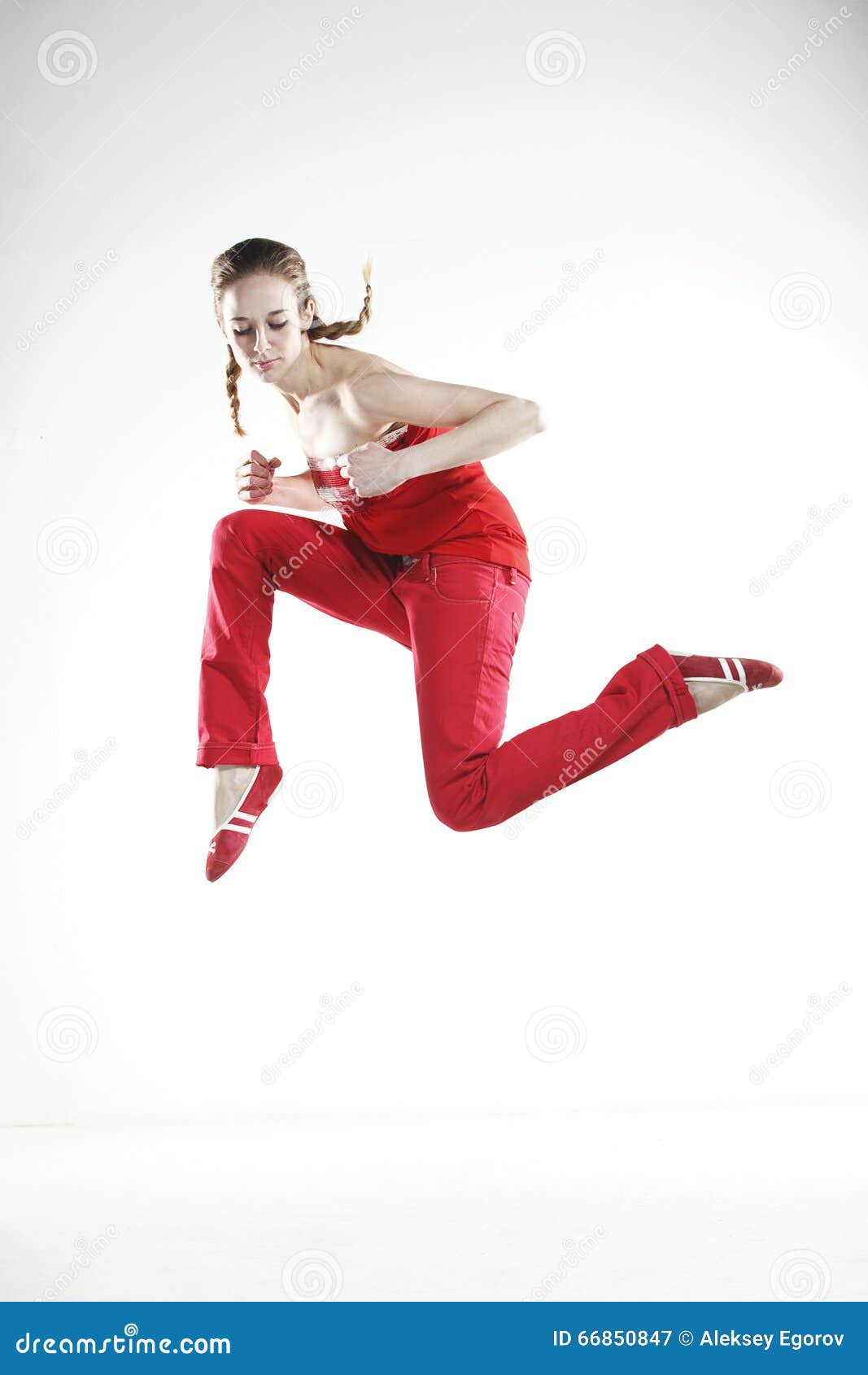 Dancer in red stock image. Image of stunt, female, model - 66850847