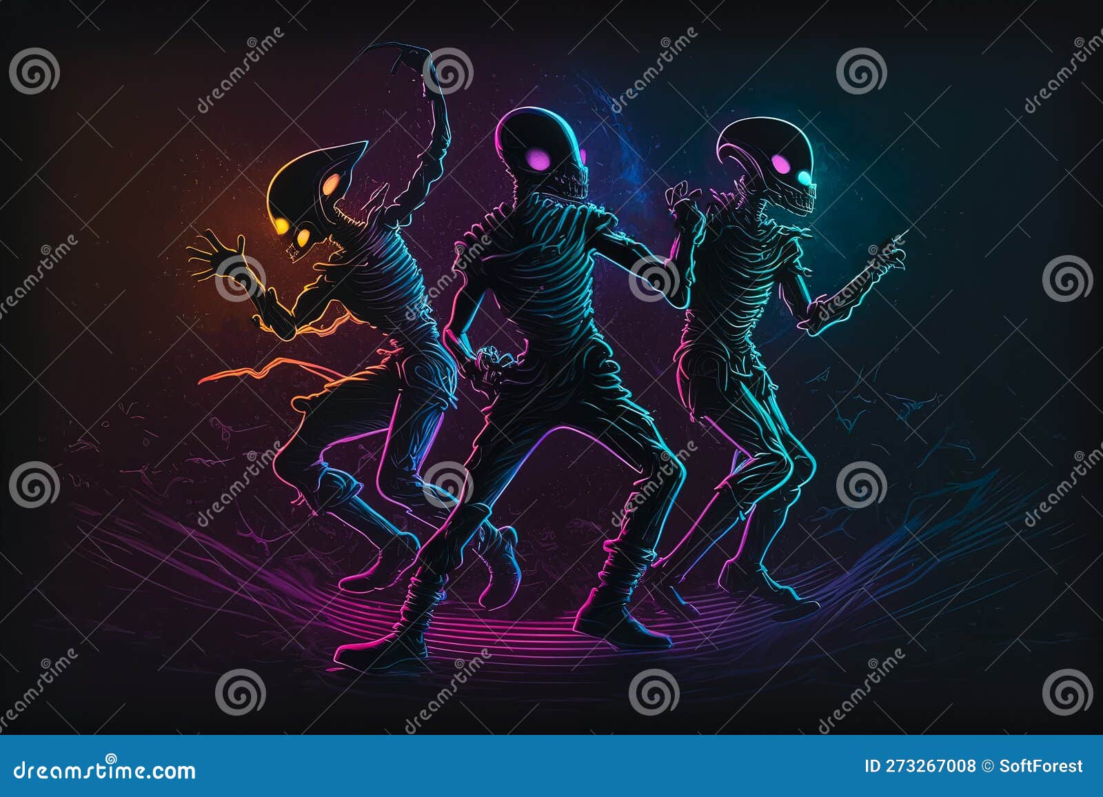 Dancing Aliens on Solid Dark Background. Synthwave Style Stock ...