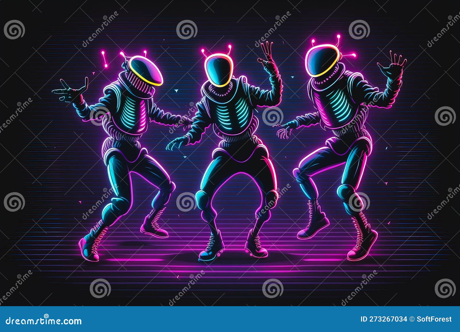Dancing Aliens on Solid Dark Background. Synthwave Style Stock ...