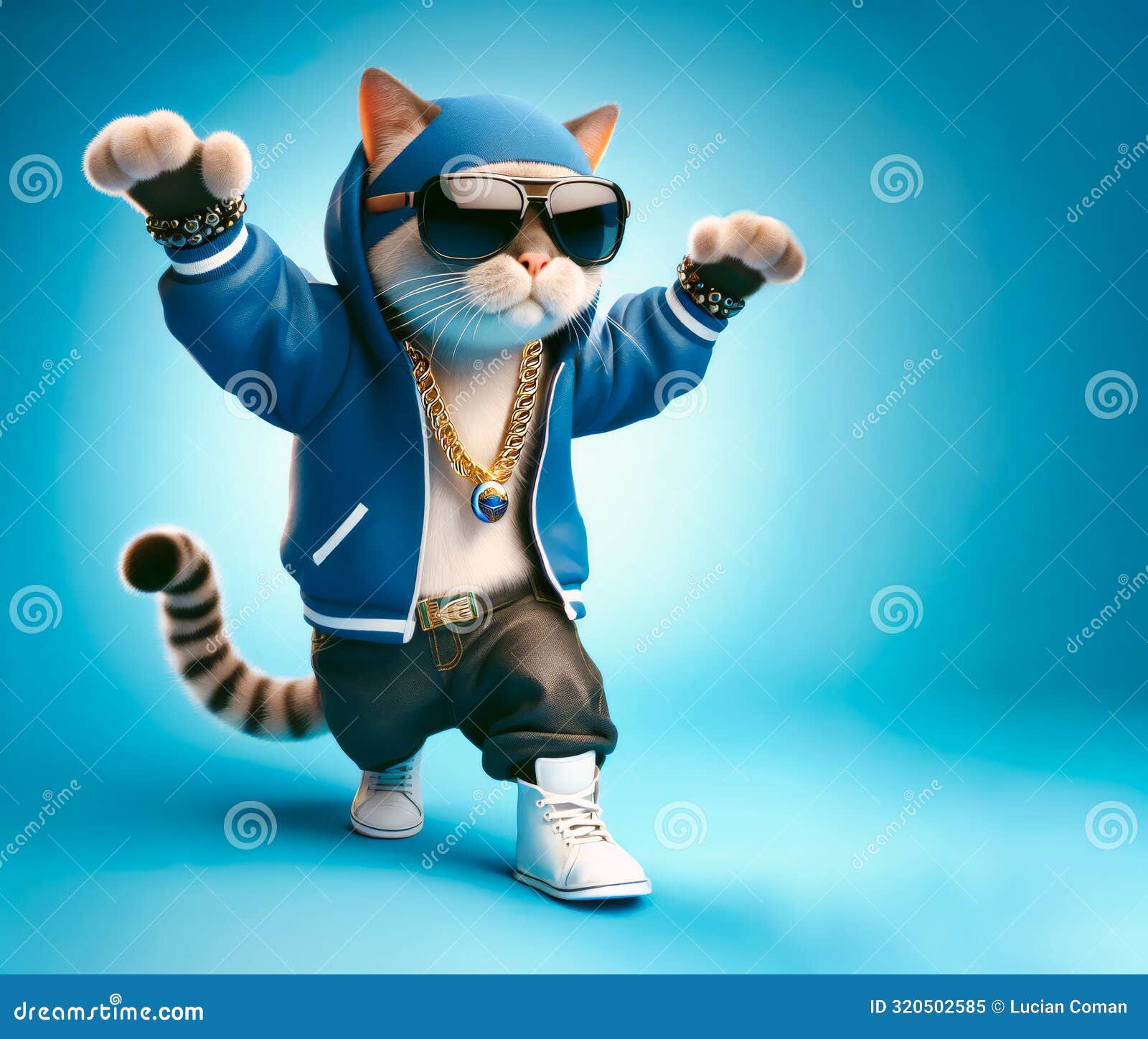 Dancing Cat Rapper with Sunglasses Funky Cool Looking on Simple Blue ...