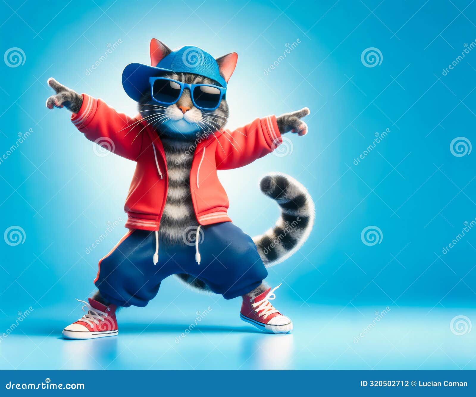 Dancing Cat Rapper with Sunglasses Funky Cool Looking on Simple Blue ...