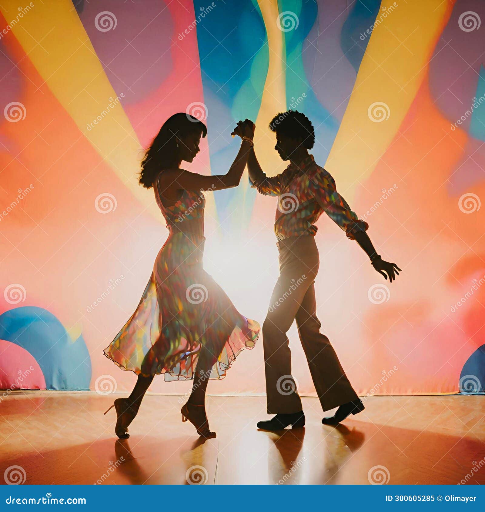 Dancing Couple Silhouette with Discotheque Lights on the Black ...
