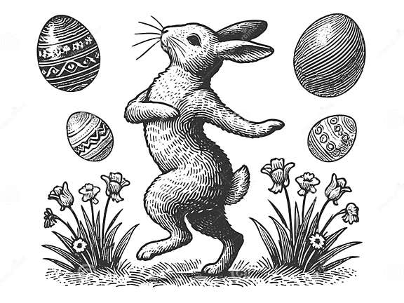 Dancing Easter Bunny with Eggs Engraving Raster Stock Illustration ...