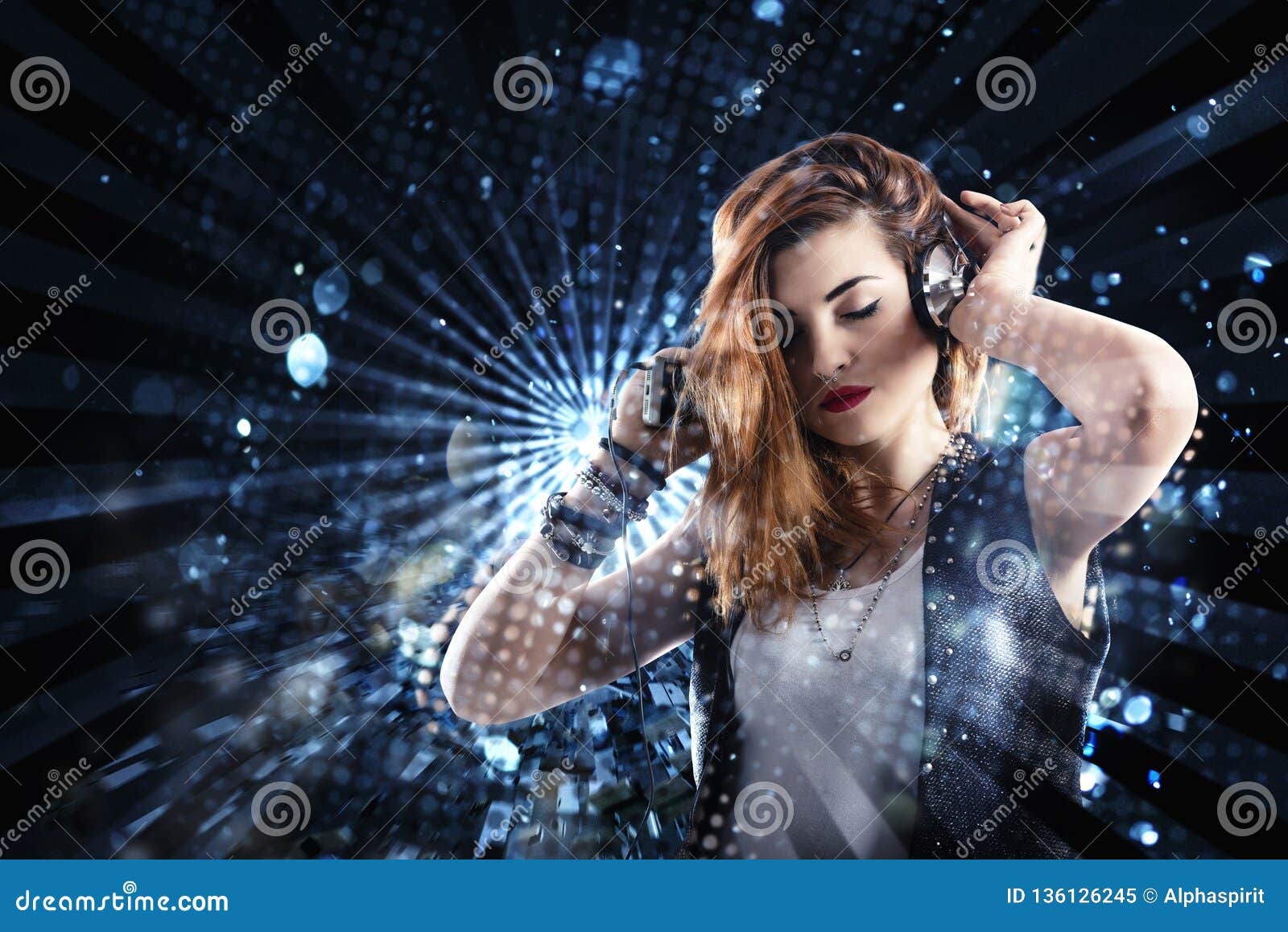 Dancing Girl Listens To Music With Headset Stock Image Image Of