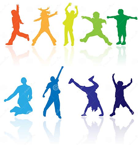 Group of Happy School Active Children Silhouette Jumping Dancing ...