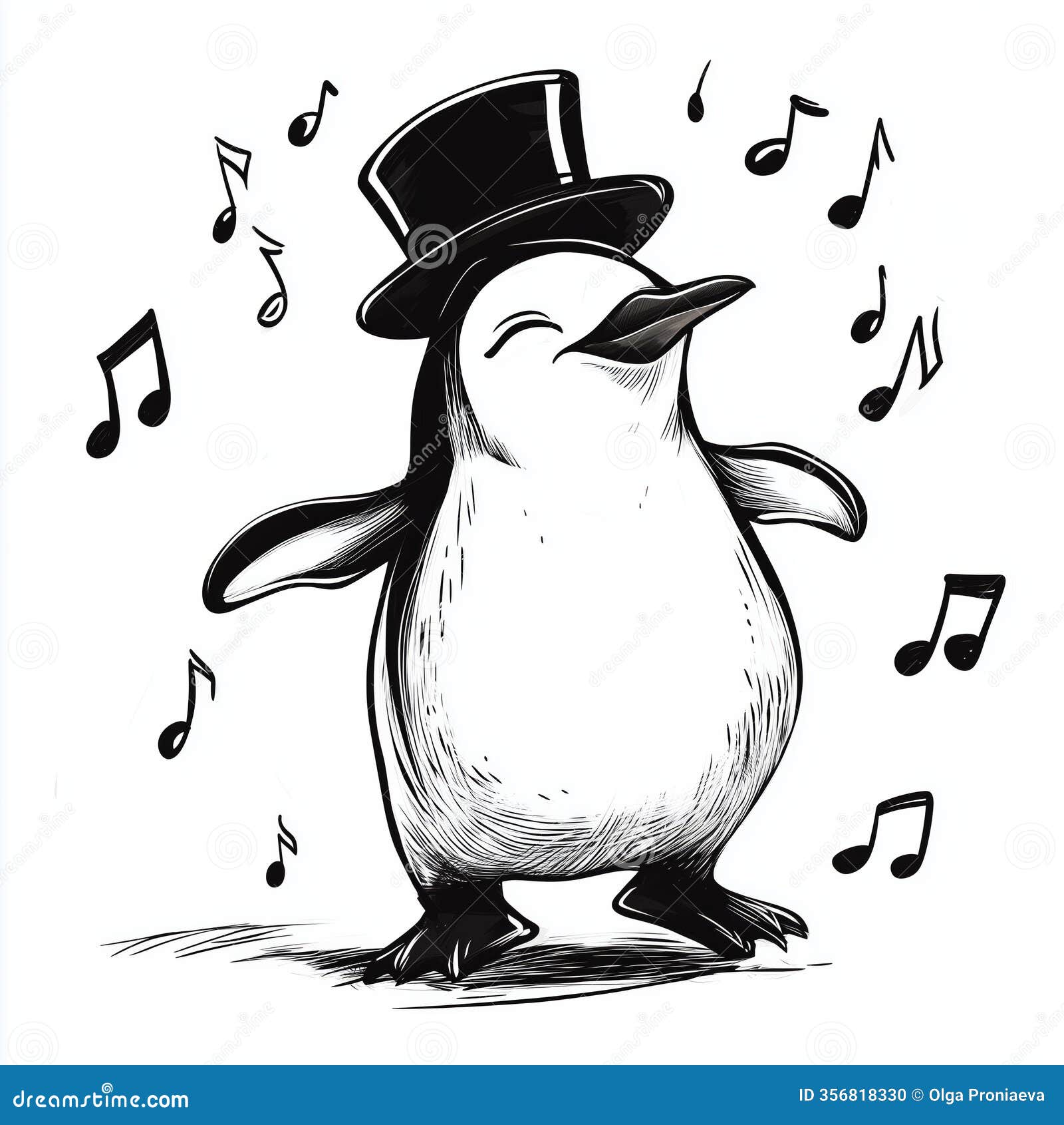 Dancing Penguin with Top Hat and Musical Notes Around Stock ...