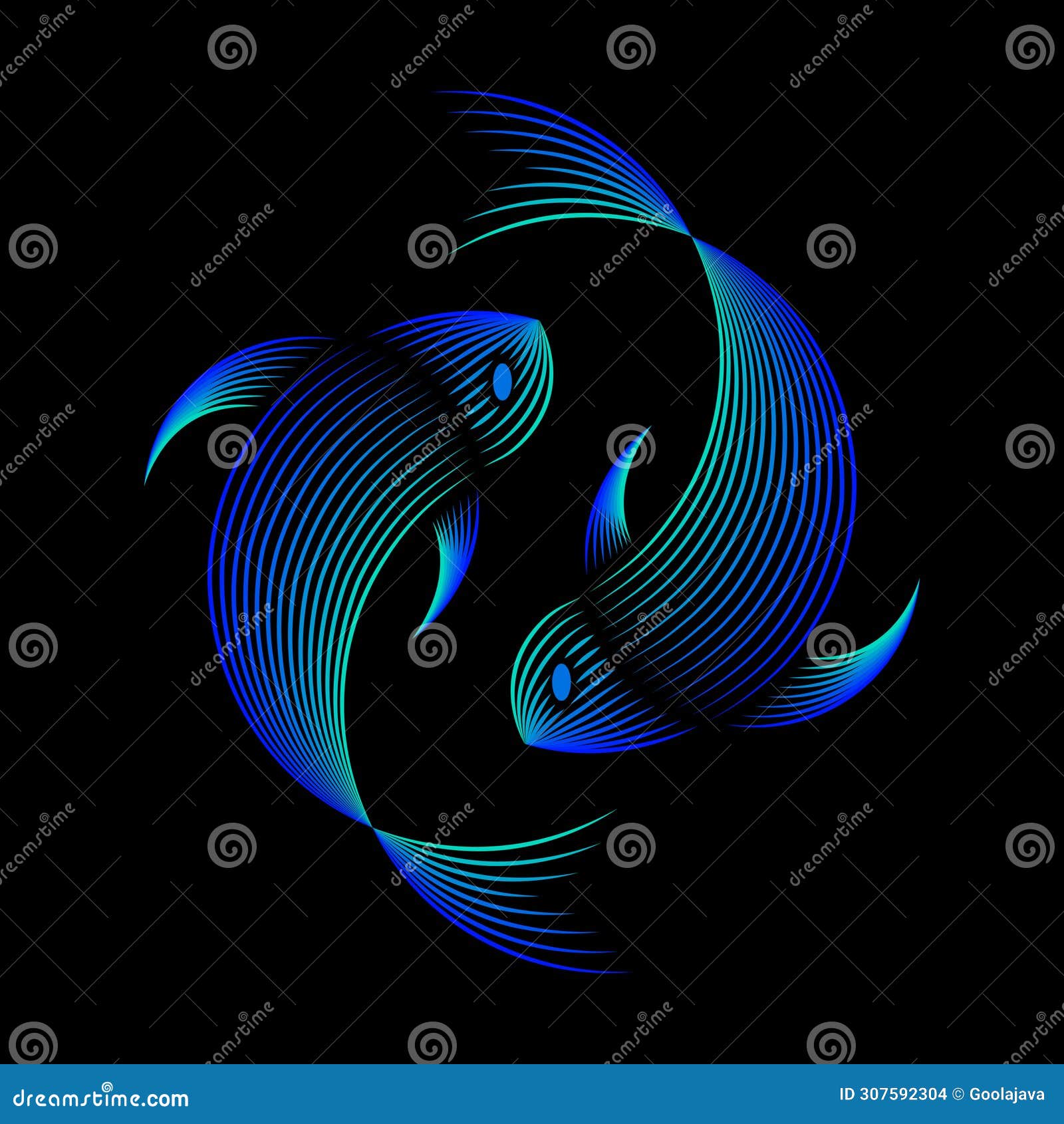 Dancing in Shadows - Dual Blue Fish in Black Background Linocut Vector ...