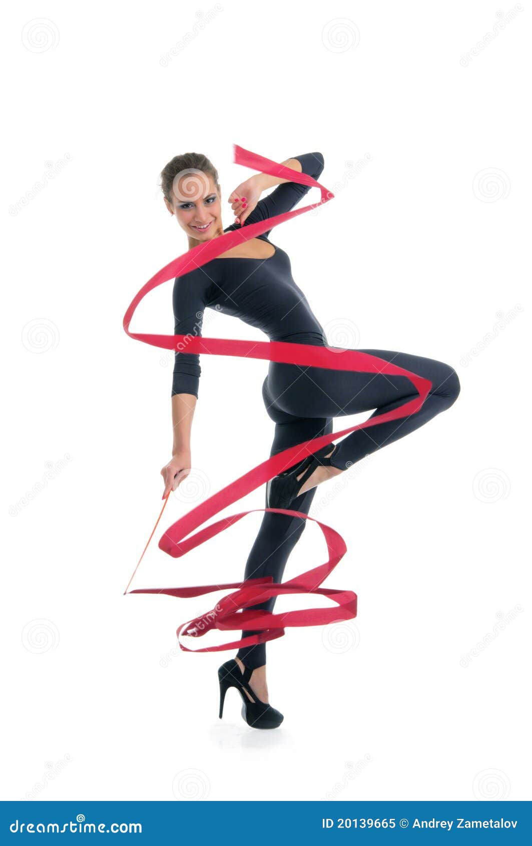 Dancing Woman with Red Ribbon Stock Image - Image of callisthenics ...