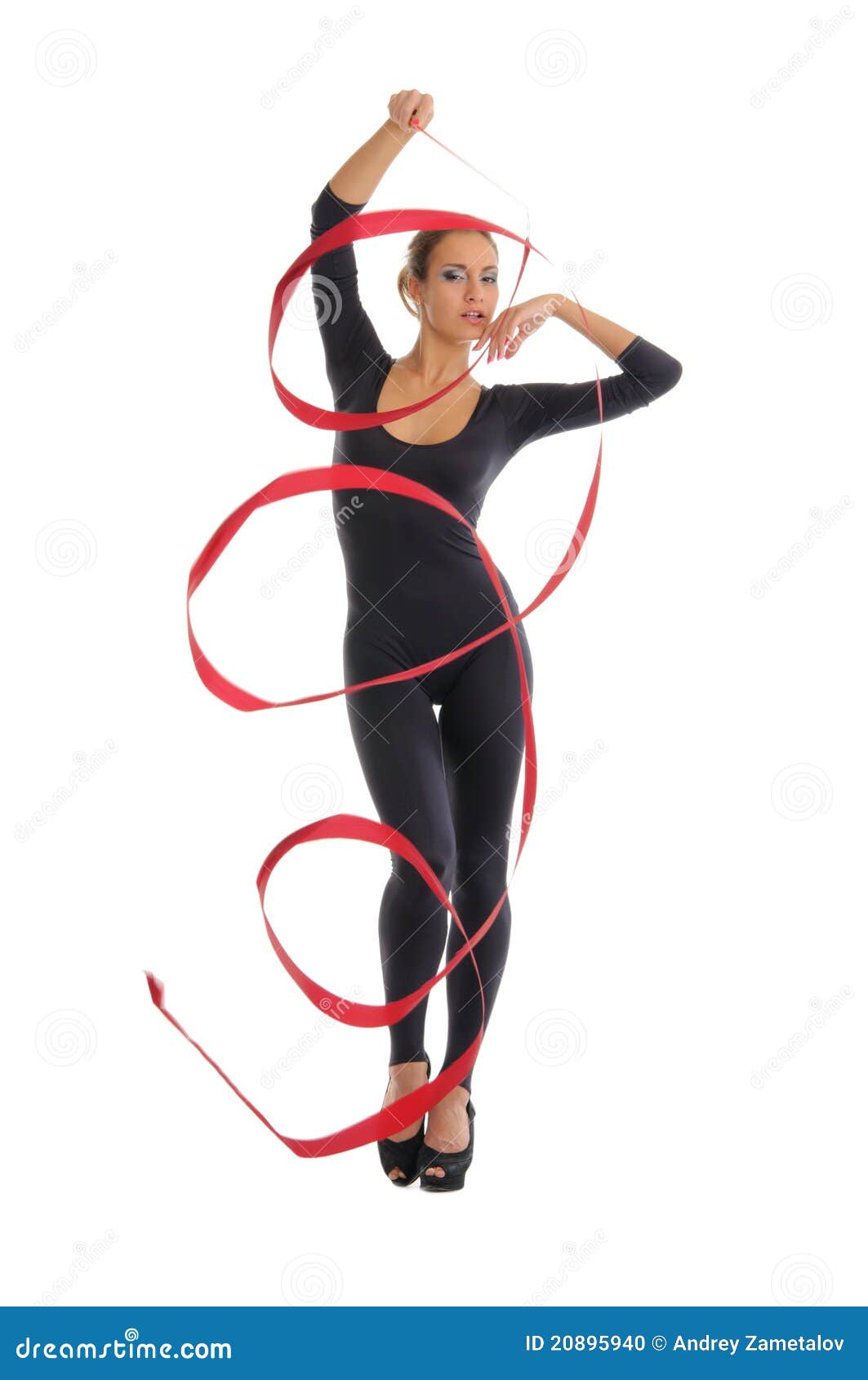 Dancing Woman with Red Ribbon Stock Photo - Image of gymnastics, long ...