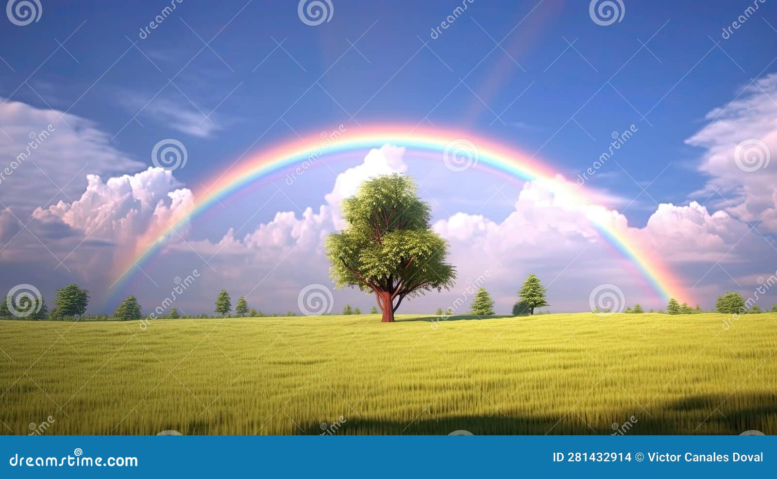 Dandelion Field and Dead Tree Under Cloudy Sky with Rainbow Stock ...