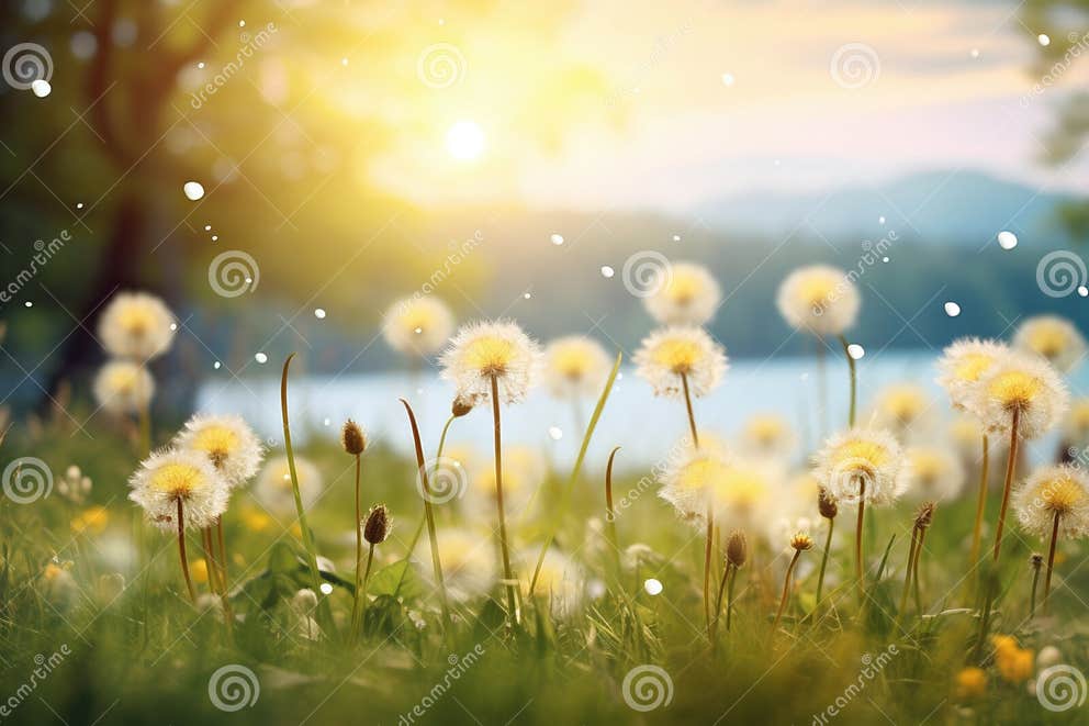 Dandelion Field with Soft-focused Spring Background Stock Image - Image ...