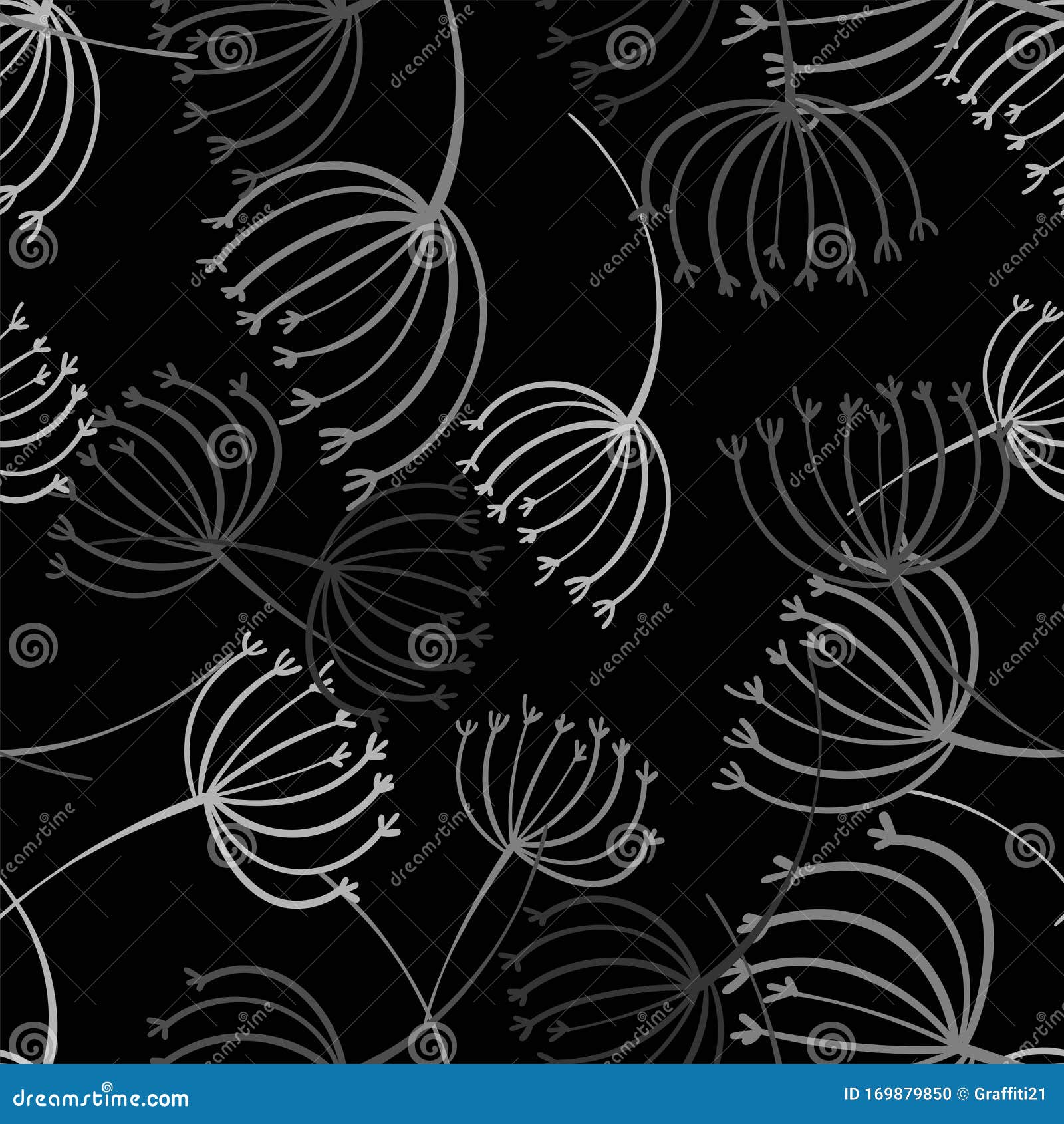 Dandelion Grey Seamless on Dark Background. Decorative Dandelion ...