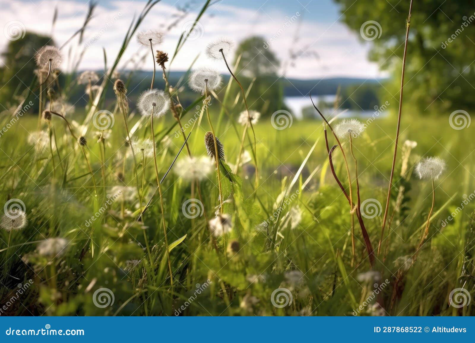 Dandelion Seed Head Dispersal in a Meadow Stock Illustration ...