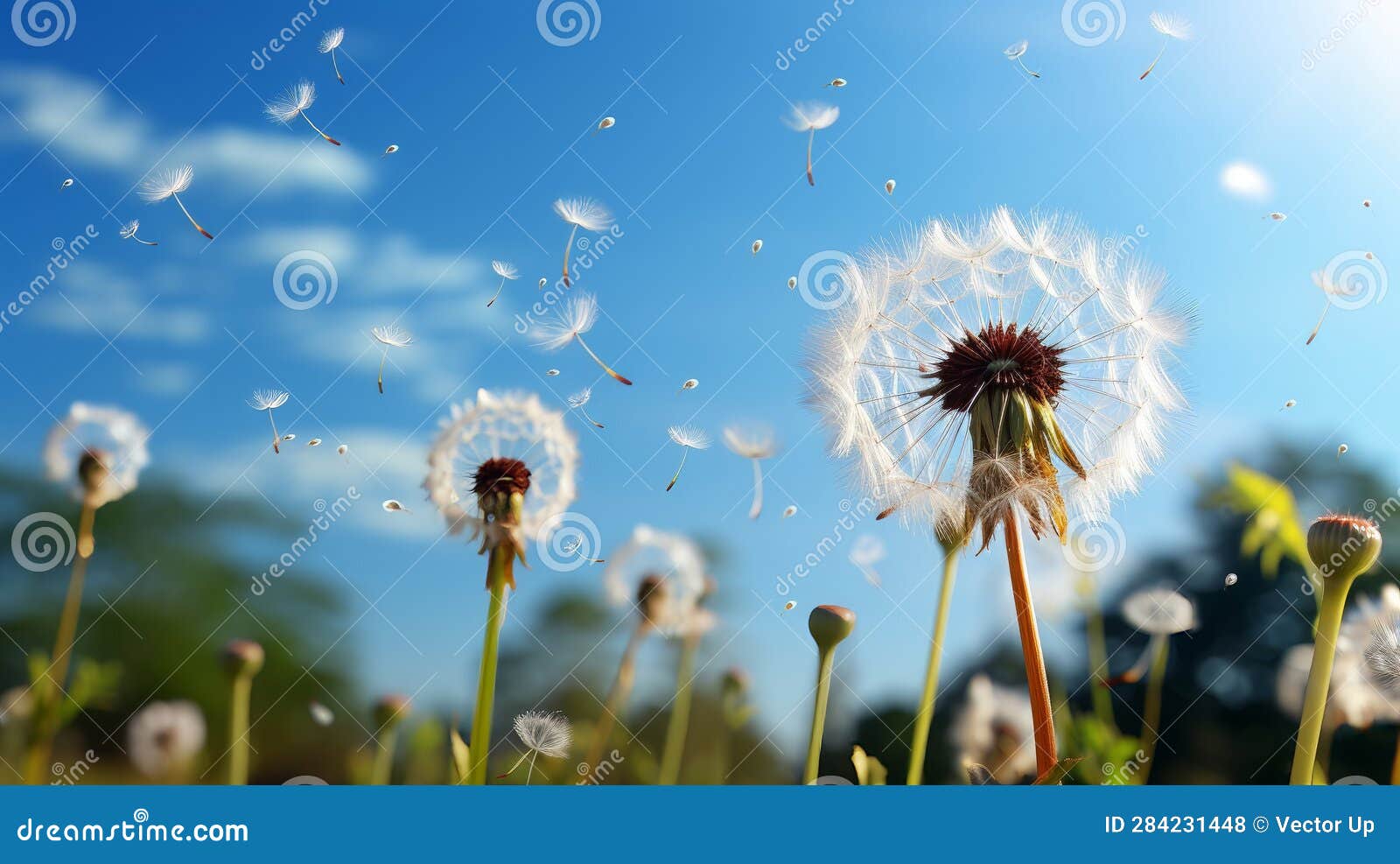 A Dandelion with Seeds Flying in the Air. Generative AI. Stock Photo ...