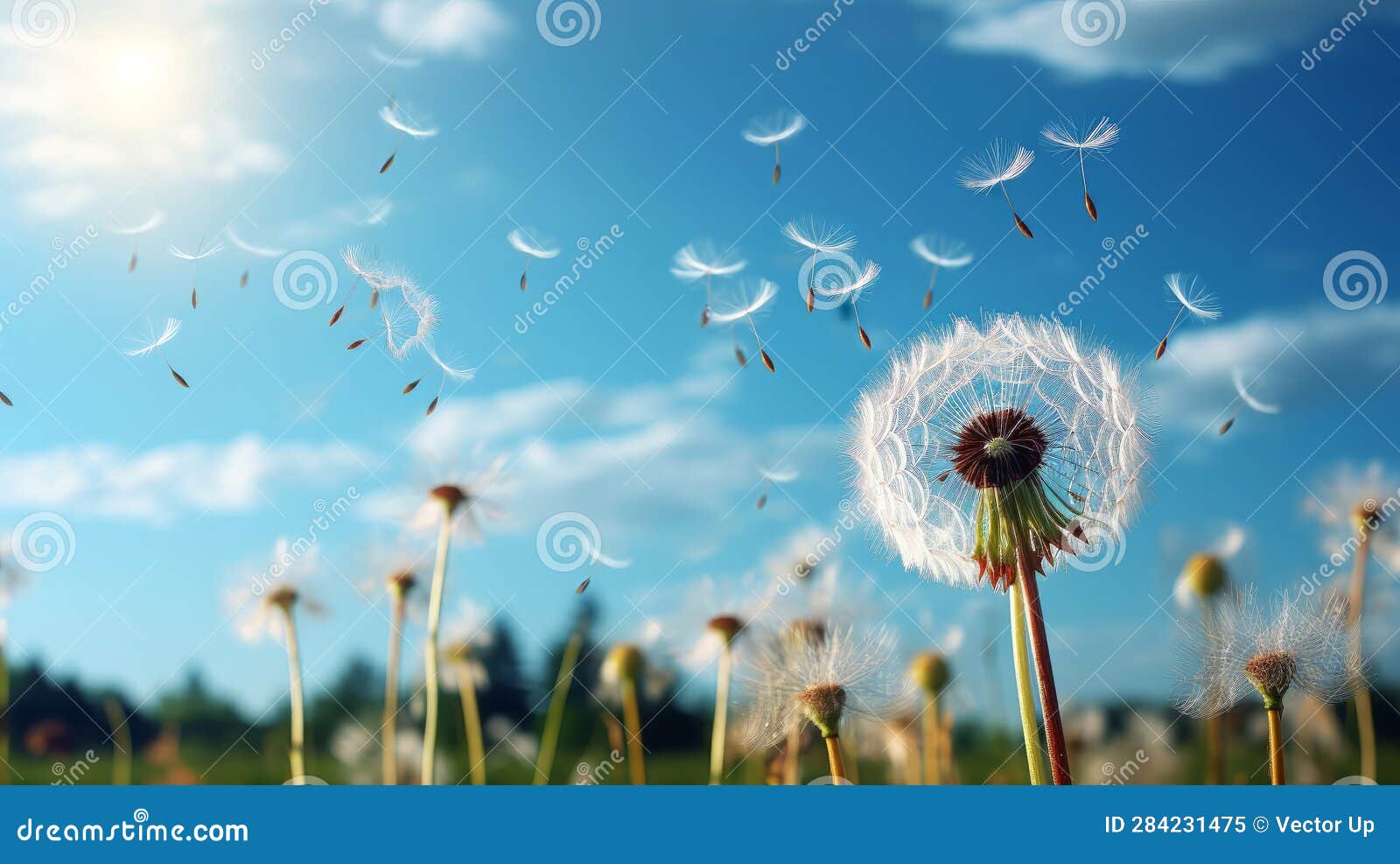 A Dandelion with Seeds Flying in the Air. Generative AI. Stock ...