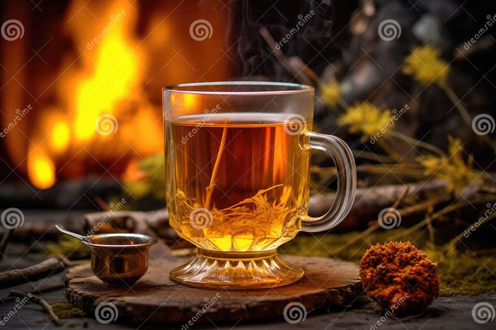 Dandelion Tea in a Clear Glass with Campfire Backdrop Stock Photo ...