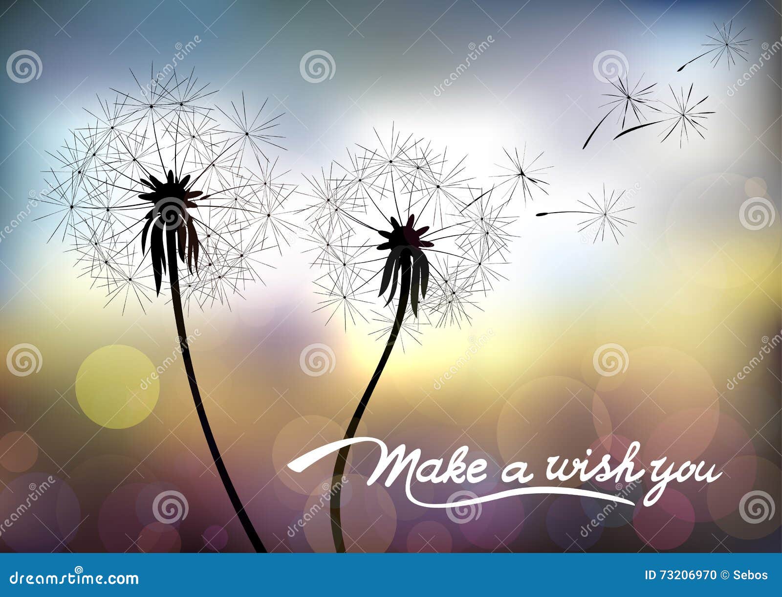 Dandelions on a Blurred Background. Hand Drawn Lettering Make a Wish ...