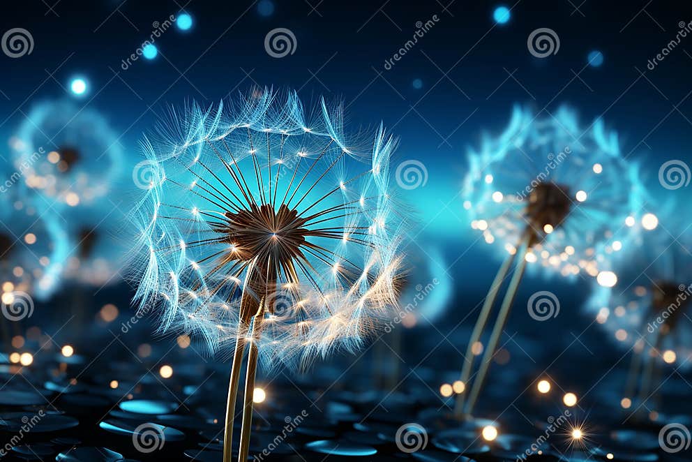 Dandelions in Neon Blue Light Stock Illustration - Illustration of ...