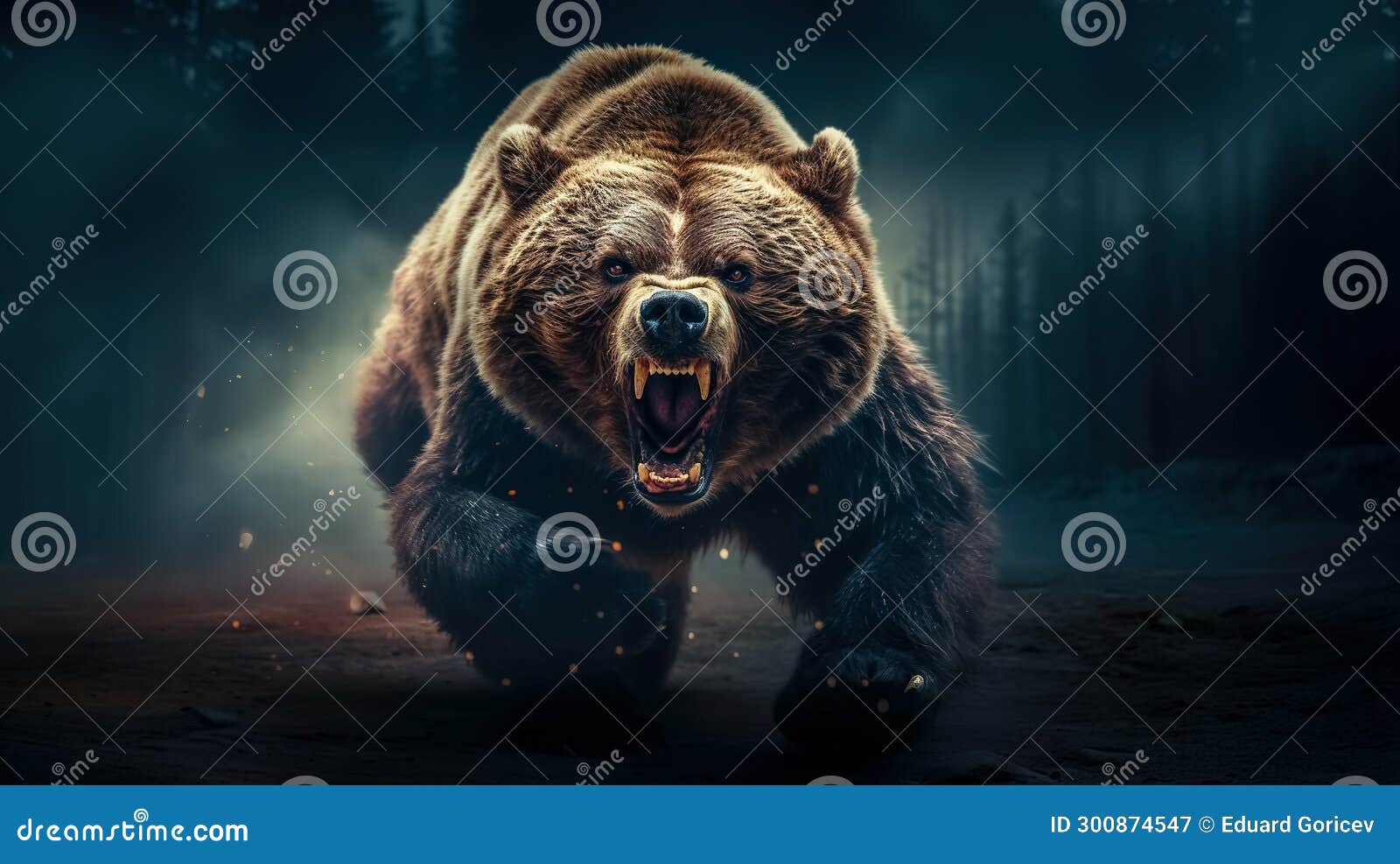 Danger Big Brown Angry Running Bear in the Forest Stock Illustration ...