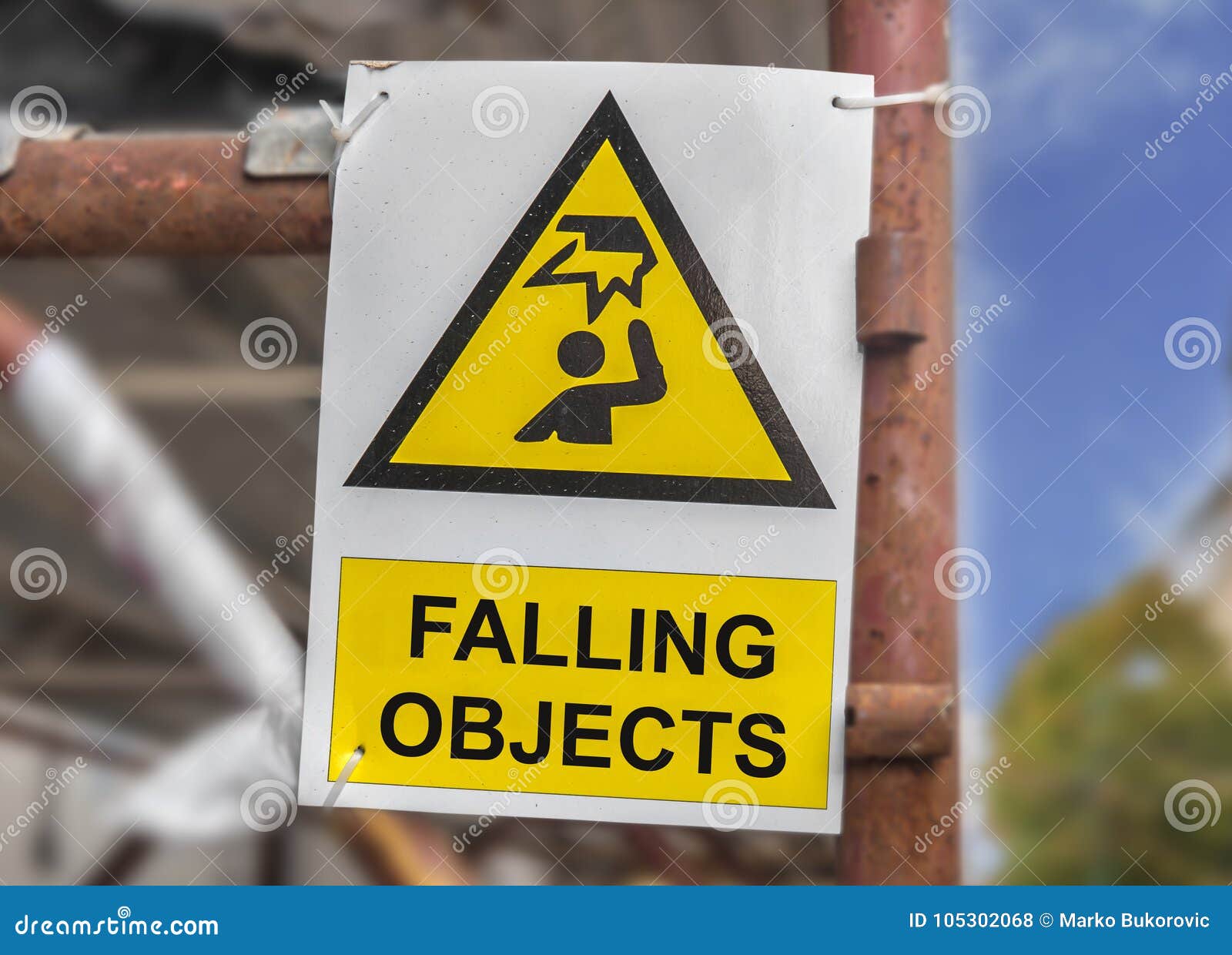 Danger Construction with Falling Objects Yellow Sign Stock Photo ...