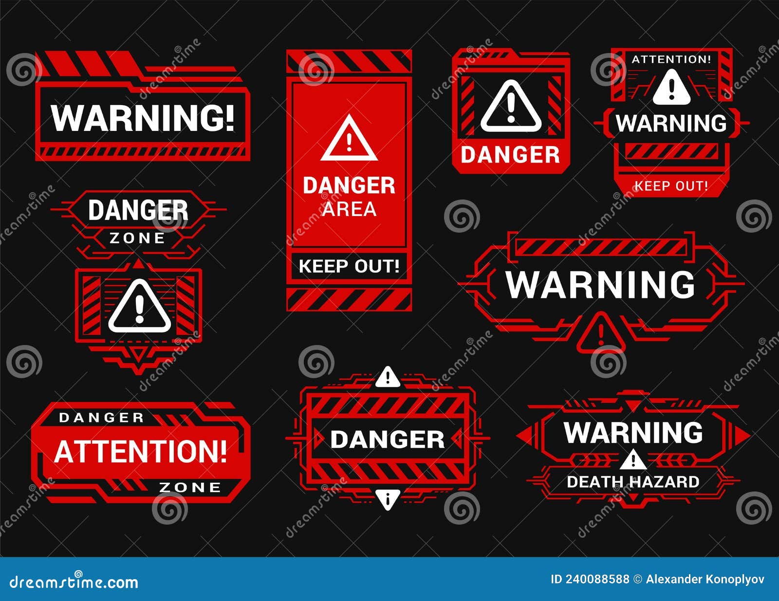 Danger and Dangerous Zone Warning Red Frames Set Vector Illustration ...