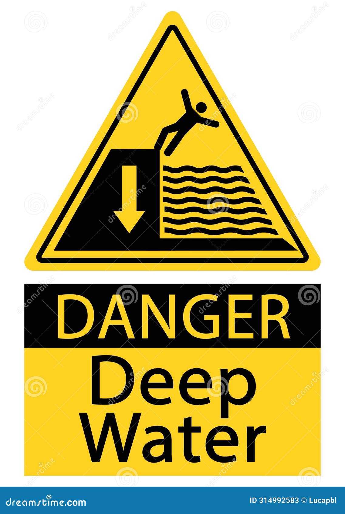 Danger Deep Water, Yellow Triangle Sign with Symbol and Text Stock ...