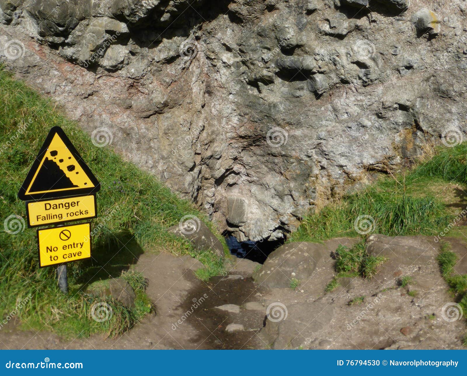 Danger Falling Rocks Sign On Mediterranean Beach Stock Photo ...