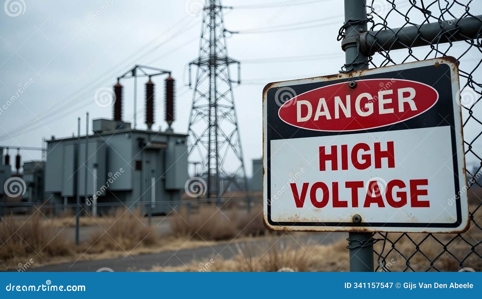 Danger High Voltage Sign on Fence with Blurred Transformers and Power ...