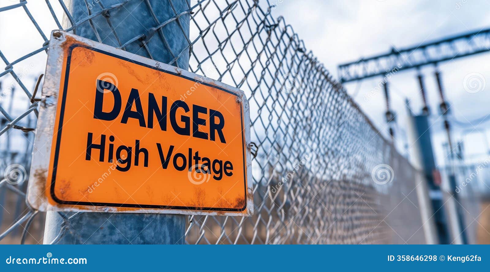 Danger High Voltage Sign on Fence Warns of Electrical Hazards Stock ...