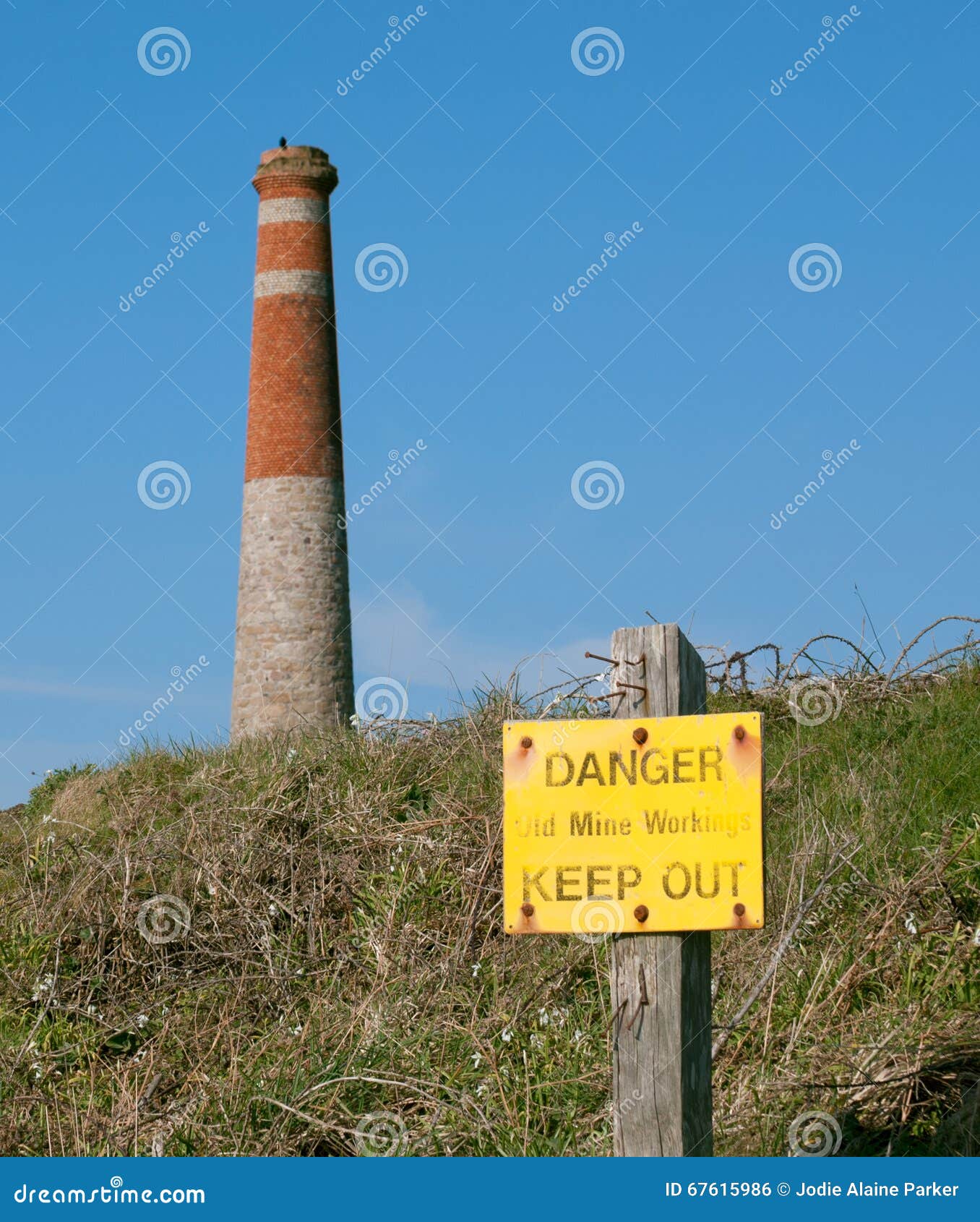 Danger Old Mine Workings Sign with Cornish Mine Works Chimney Stock ...